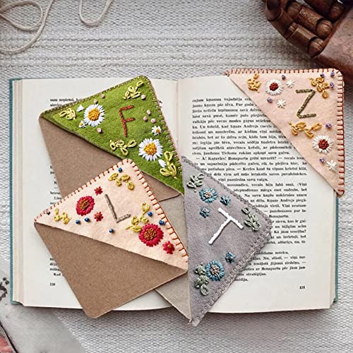ZHONgRT Personalized Hand Embroidered Corner Bookmark, Handmade Stitched 26 Letters Cute Flower Embroidered Felt Triangle Page Bookmark Clip for Book Lovers Meaningful Gifts ( Spring )