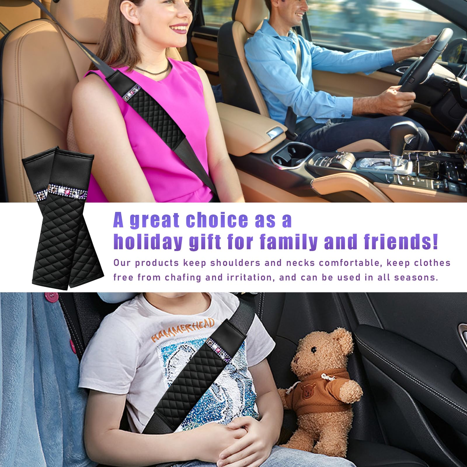 Ziciner 2PCS Leather Seat Belt Cover, Sparkling Rhinestone Seat Belt Covers for Women, Soft Harness Pads Strap Helps Protect Your Neck & Shoulder, Auto Interior Accessories for Adult Kid (Black)