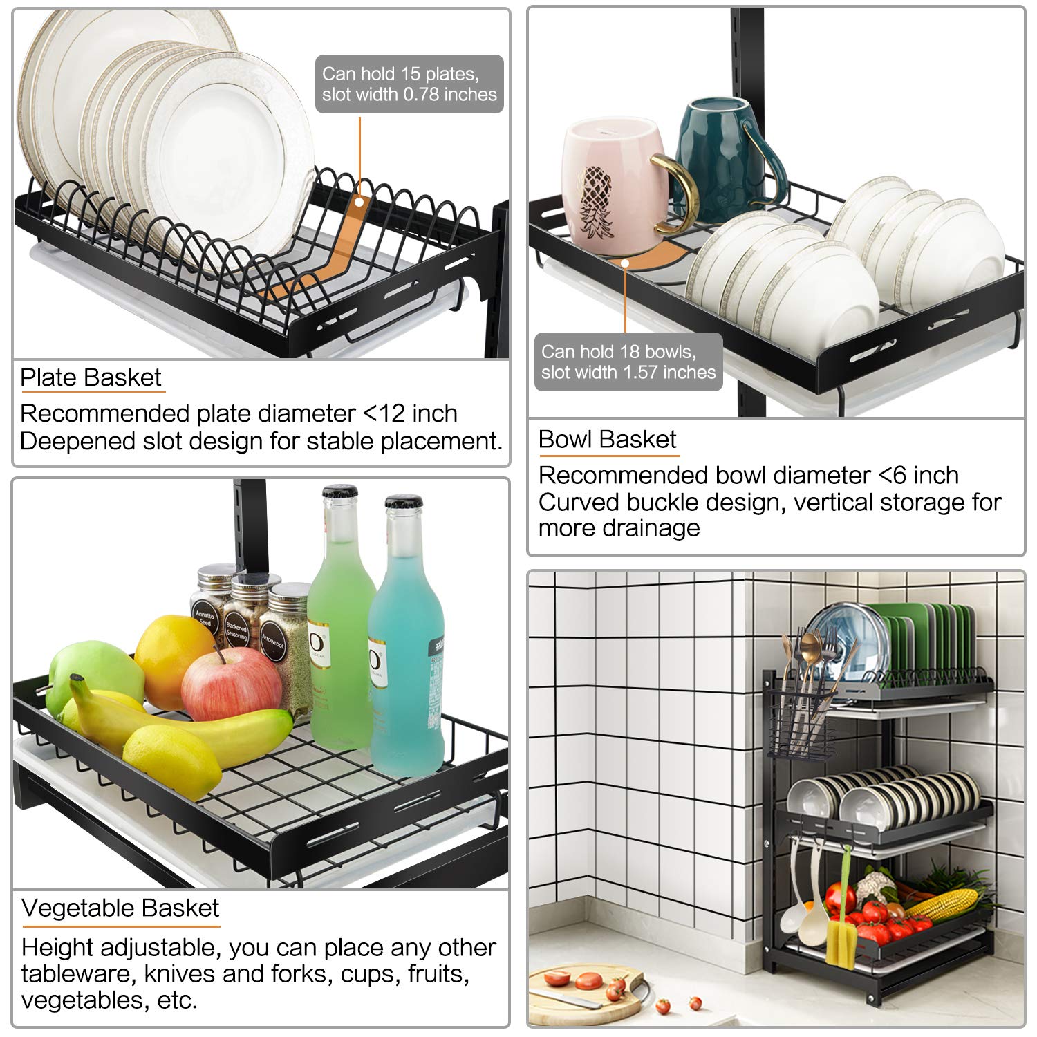 X-cosrack Dish Drying Rack Stainless Steel Dish Drainer with Drainboard Utensil Holder for Plates Bowls for Kitchen Countertop, Detachable, 3 Tier, Black
