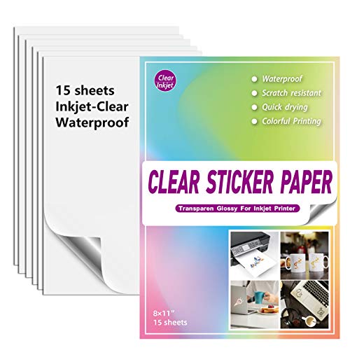 Clear Sticker Paper for Inkjet Printer - 15 Sheets ( 8.5" x 11") Translucent Waterproof Printable Vinyl Sticker Paper for DIY Personalized Stickers Holds Ink Beautifully & Dries Quickly