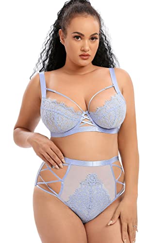 Women's Minimizer Eyelash Lace Plus Size Full Figure Non-Padded Underwire Unlined Sheer Bra (Corn Flower Blue, 40K)