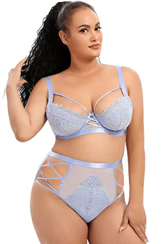 Women's Minimizer Eyelash Lace Plus Size Full Figure Non-Padded Underwire Unlined Sheer Bra (Corn Flower Blue, 40K)