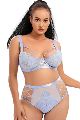 Women's Minimizer Eyelash Lace Plus Size Full Figure Non-Padded Underwire Unlined Sheer Bra (Corn Flower Blue, 40K)