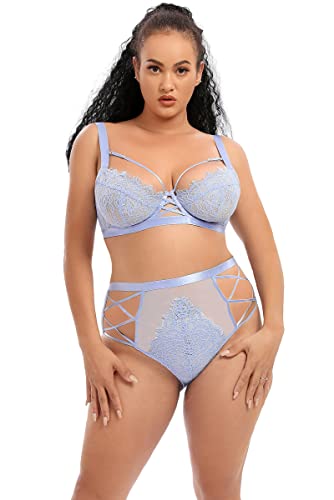 Women's Minimizer Eyelash Lace Plus Size Full Figure Non-Padded Underwire Unlined Sheer Bra (Corn Flower Blue, 40K)