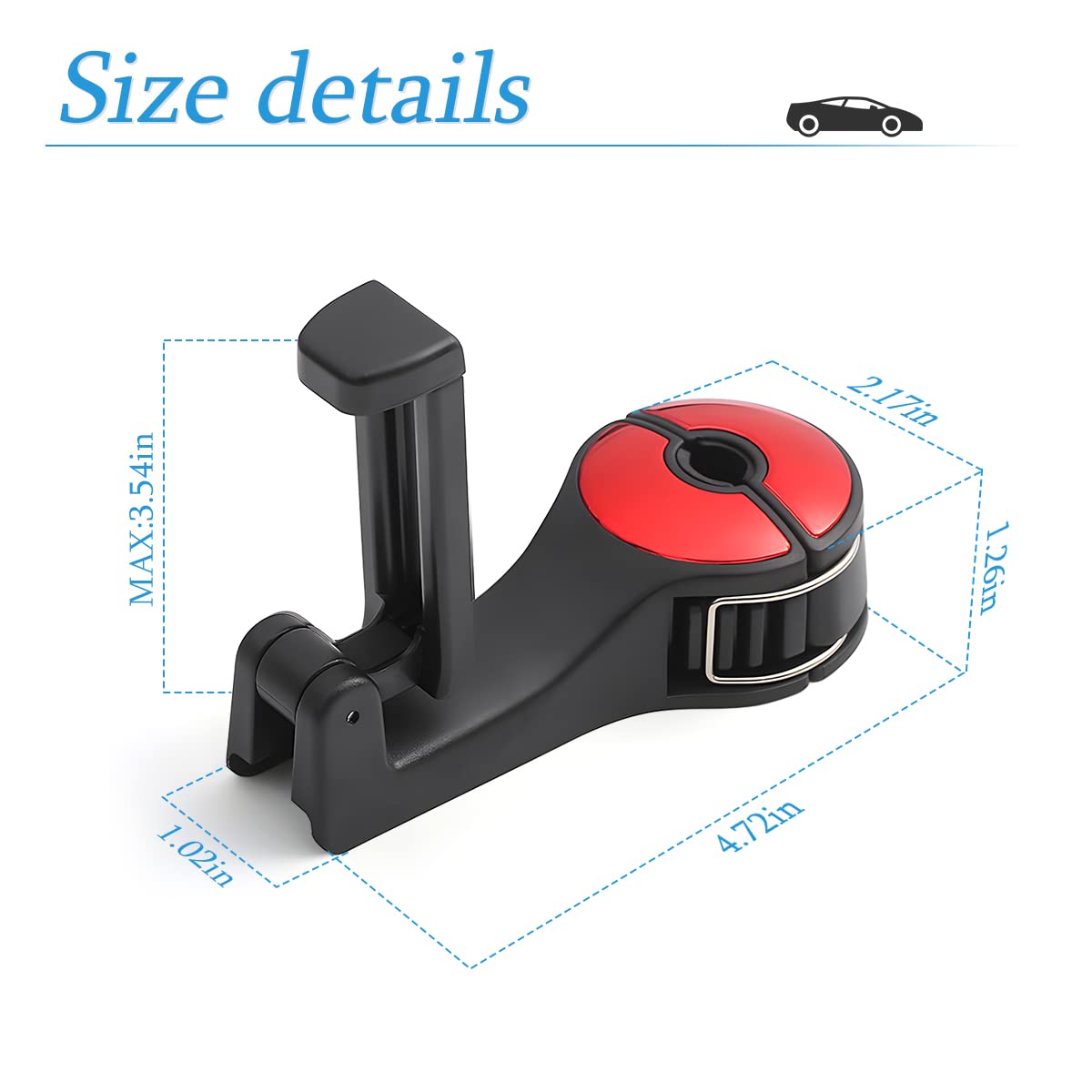 2PCS Car Headrest Hidden Hook, 2 in 1 Multifunctional Car Seat Back Hanger Storage Hook with Phone Holder, Automotive 360° Rotation Headrest Purse Handbag Holder Universal for Toys Groceries (Red)
