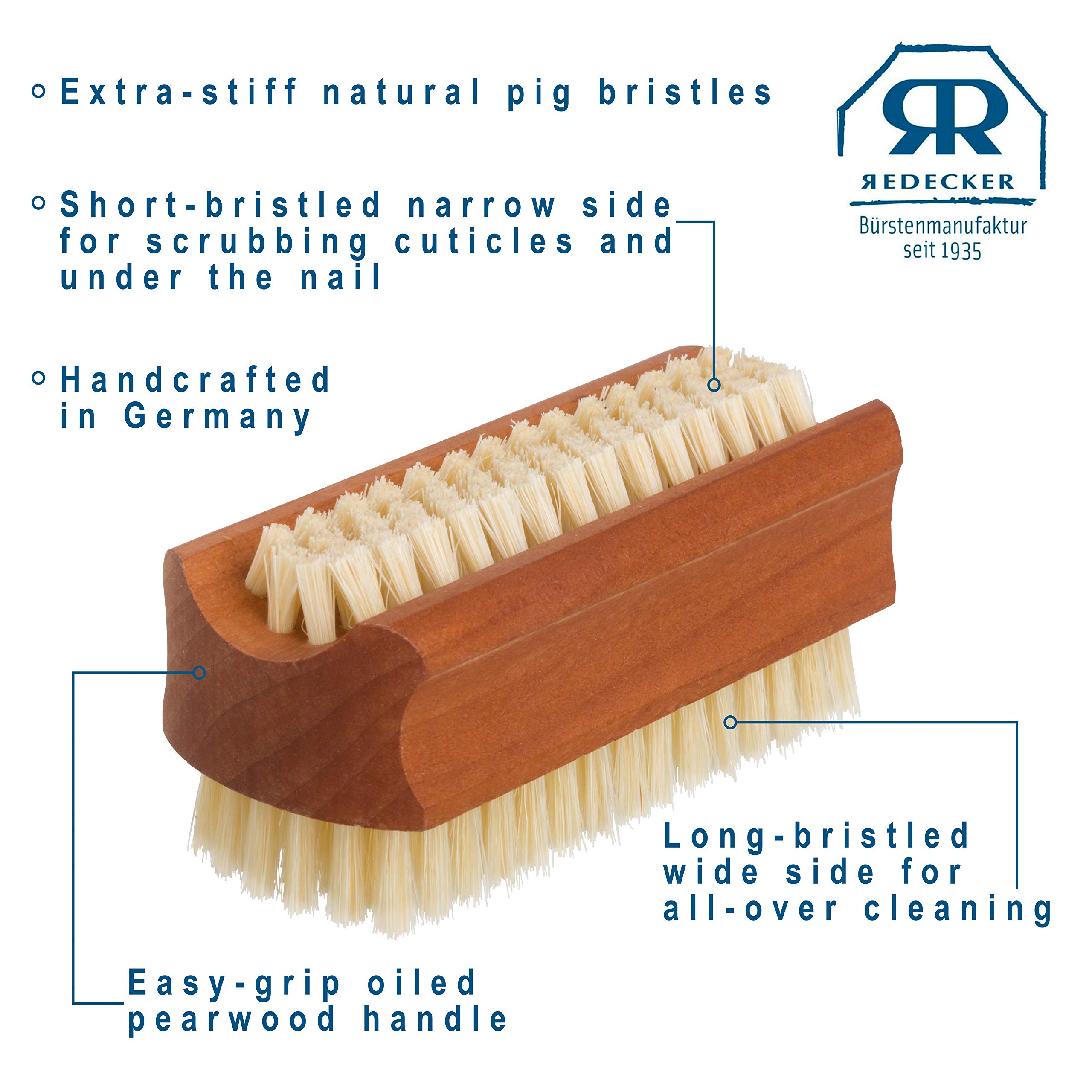 Redecker Natural Pig Bristle Nail Brush with Oiled Pearwood Handle, 3-3/4-Inches