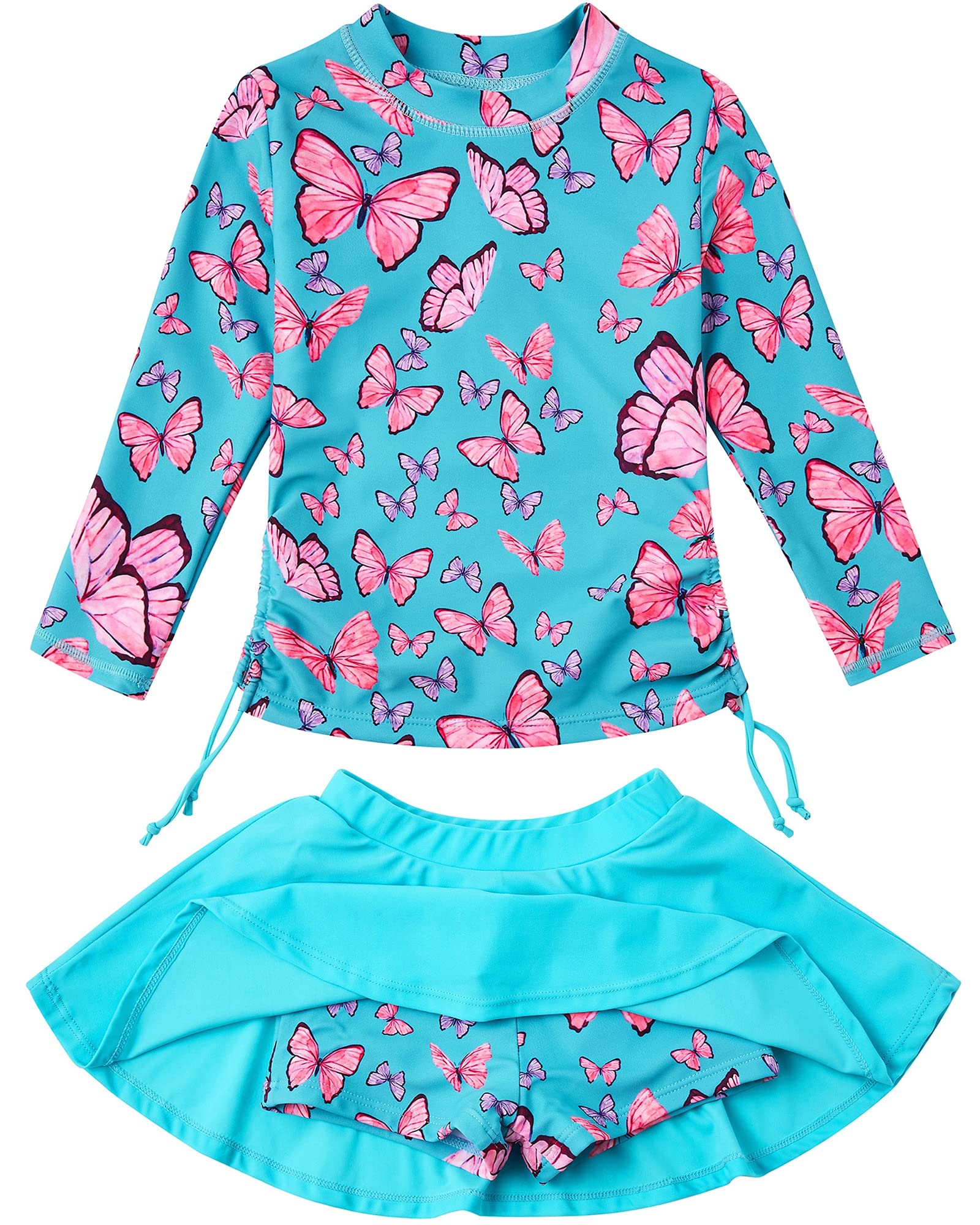 swimsobo Girls Two Pieces Swimsuit Butterfly Bathing Suit Long Sleeve Rash Guard Swimming Skirt with Shorts Swimwear 9 10 Years Old