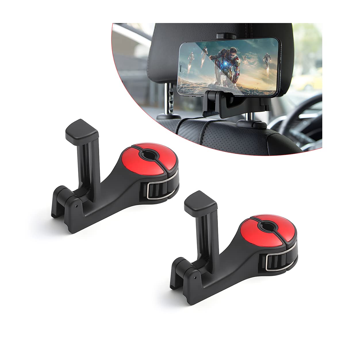 2PCS Car Headrest Hidden Hook, 2 in 1 Multifunctional Car Seat Back Hanger Storage Hook with Phone Holder, Automotive 360° Rotation Headrest Purse Handbag Holder Universal for Toys Groceries (Red)