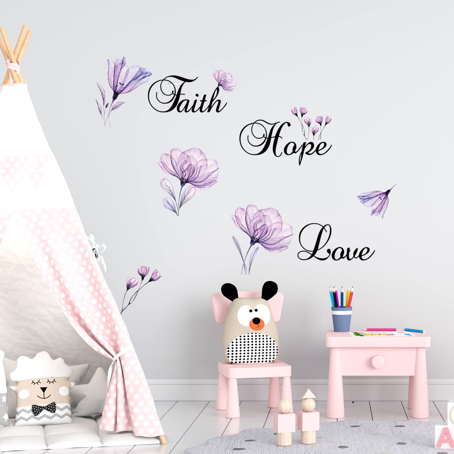 Lchen Faith Hope Love Wall Sticker Purple Lily Flower PVC Wall Decal Home Background Decor Removable Wall Art Sticker (Faith Hope Love)