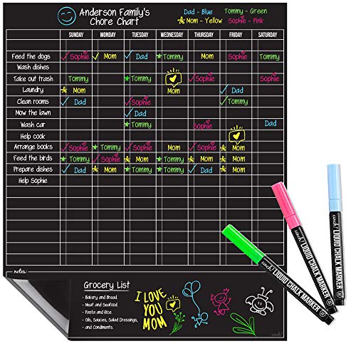 Magnetic Dry Erase Chore Chart for Multiple Kids (17x20" - Black) - 6 Whiteboard Markers with Magnets | Family Chore Chart, Fridge Chore Chart for Adults | Magnetic Chore Board for Refrigerator