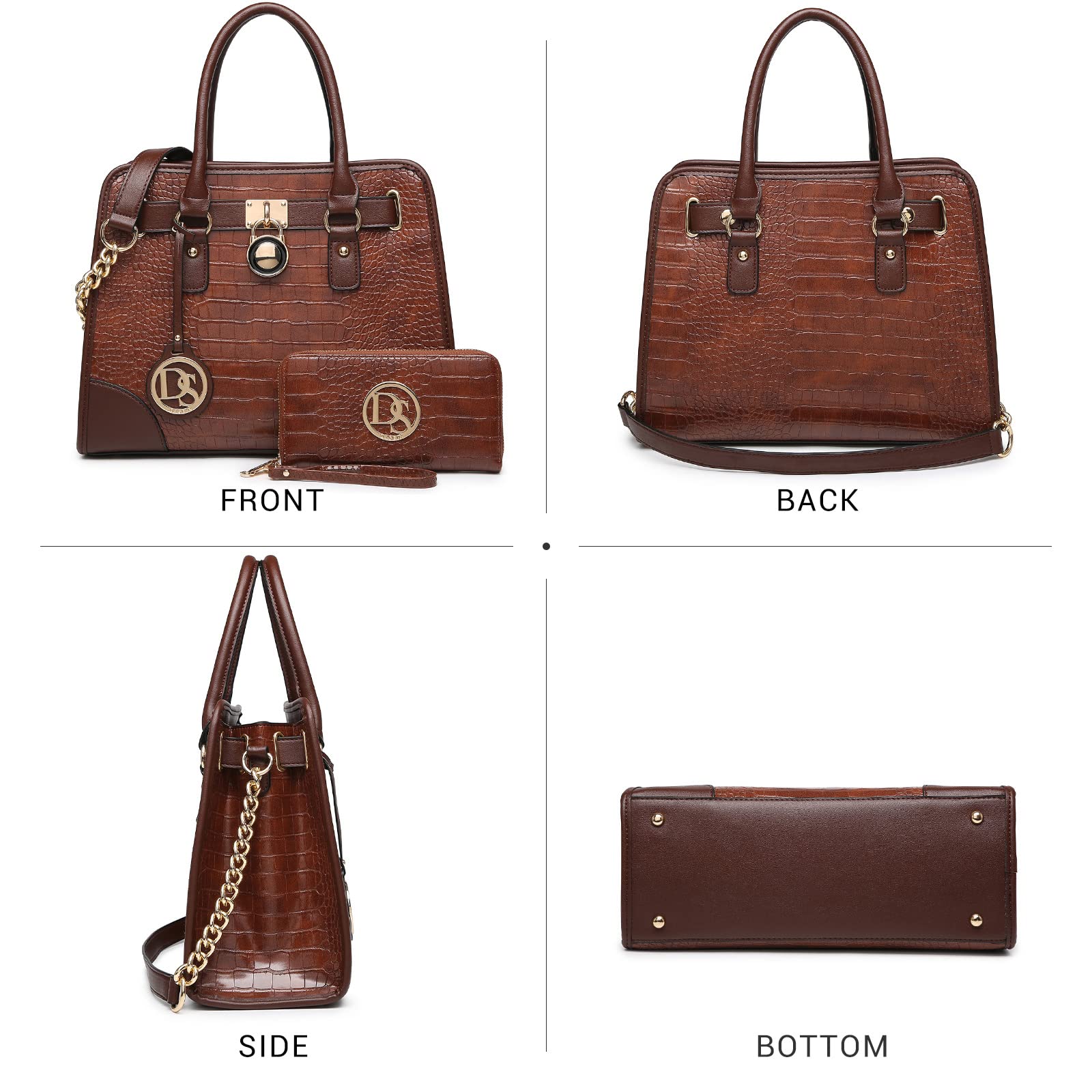 Dasein Women Handbags Top Handle Satchel Purse Shoulder Bag Hobo Bag Work Bag Set 2pcs (Croco Coffee)