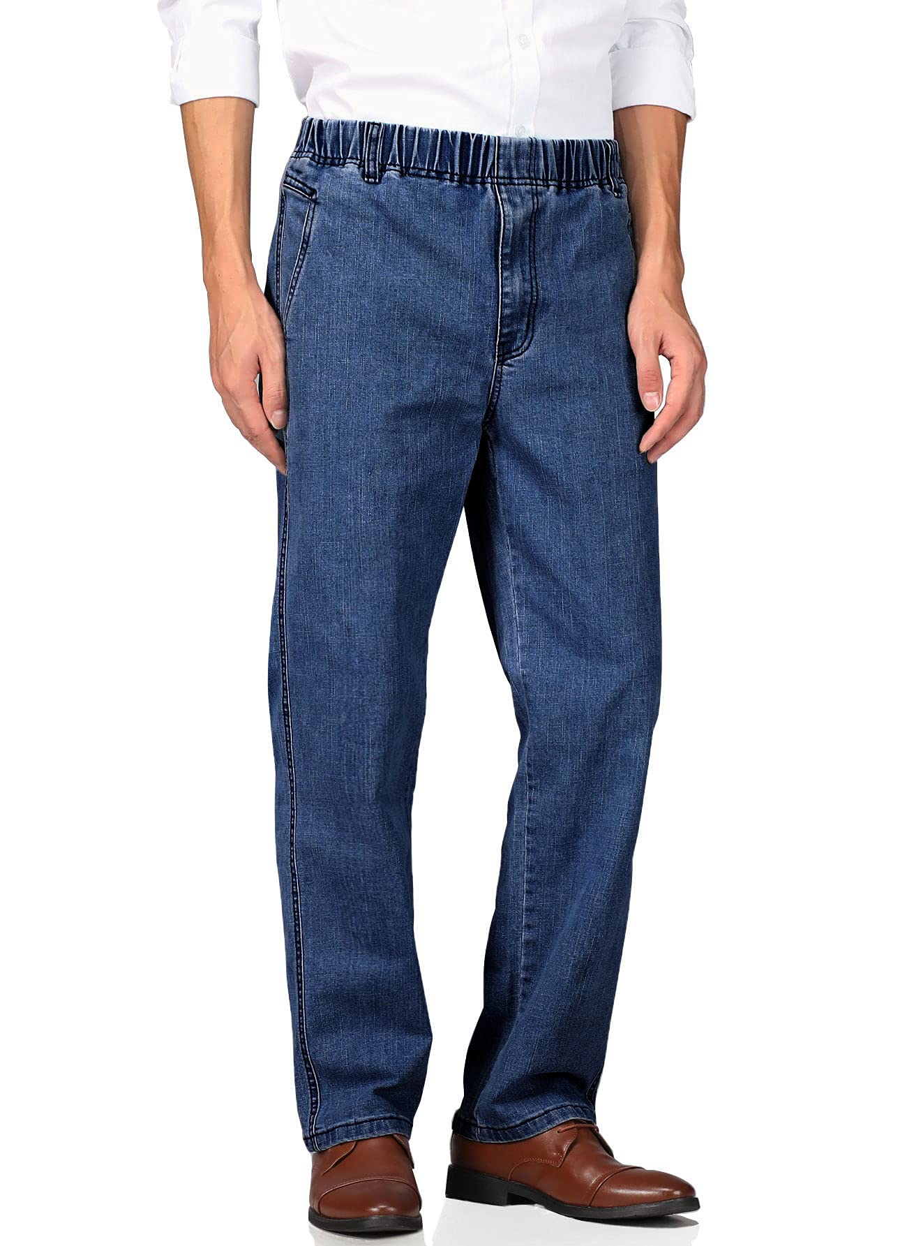 Soojun Mens Casual Loose Fit Elastic Waist Denim Pants, Indigo, 36W x 30L