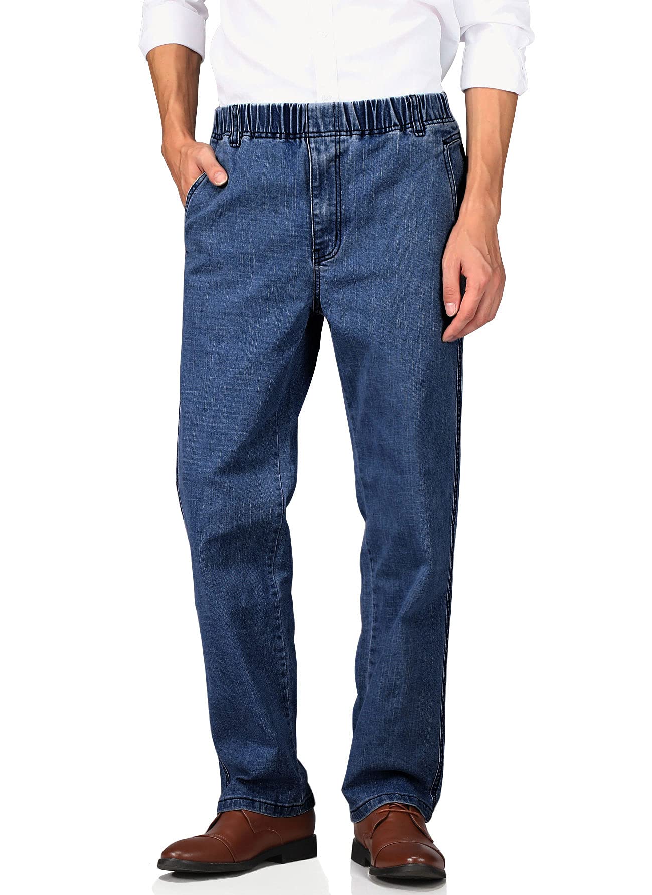Soojun Mens Casual Loose Fit Elastic Waist Denim Pants, Indigo, 36W x 30L