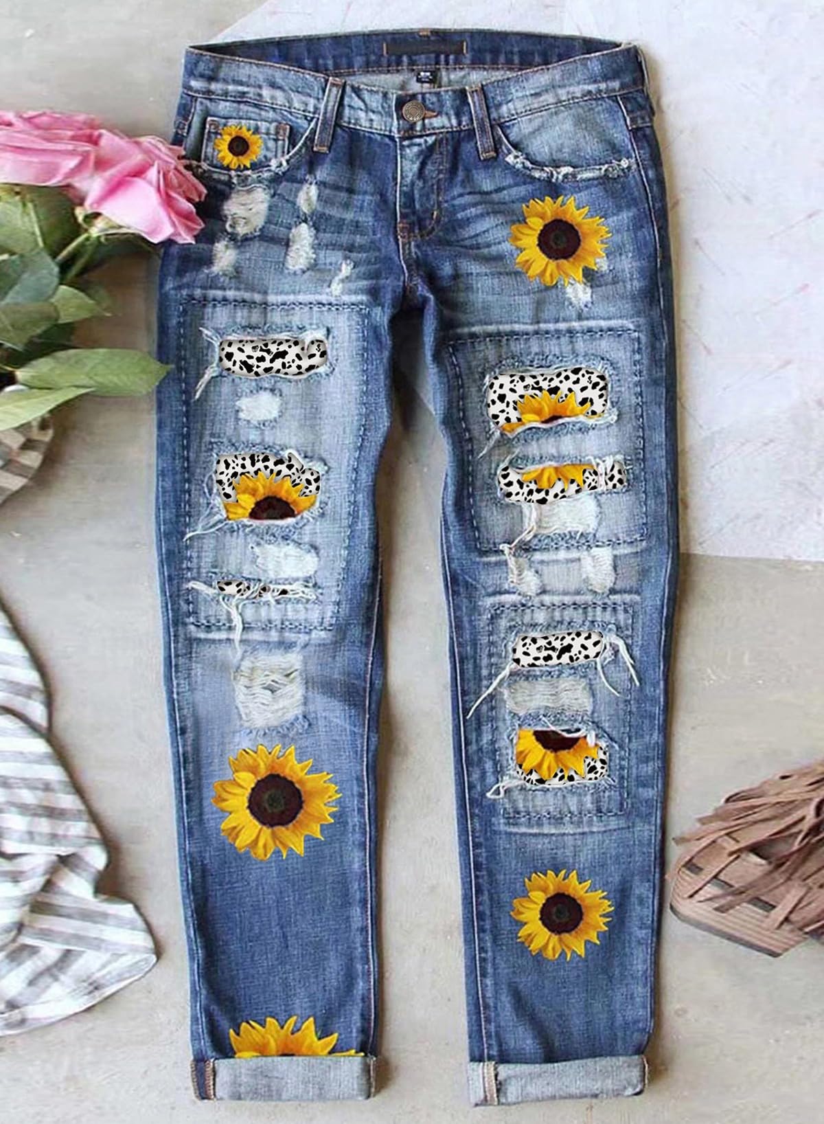 Astylish Women Stylish Destroyed Raw Hem Stretchy Mid Rise Jeans Distressed Boyfriend Ripped Hole Ankle Sunflower Denim Pants Large