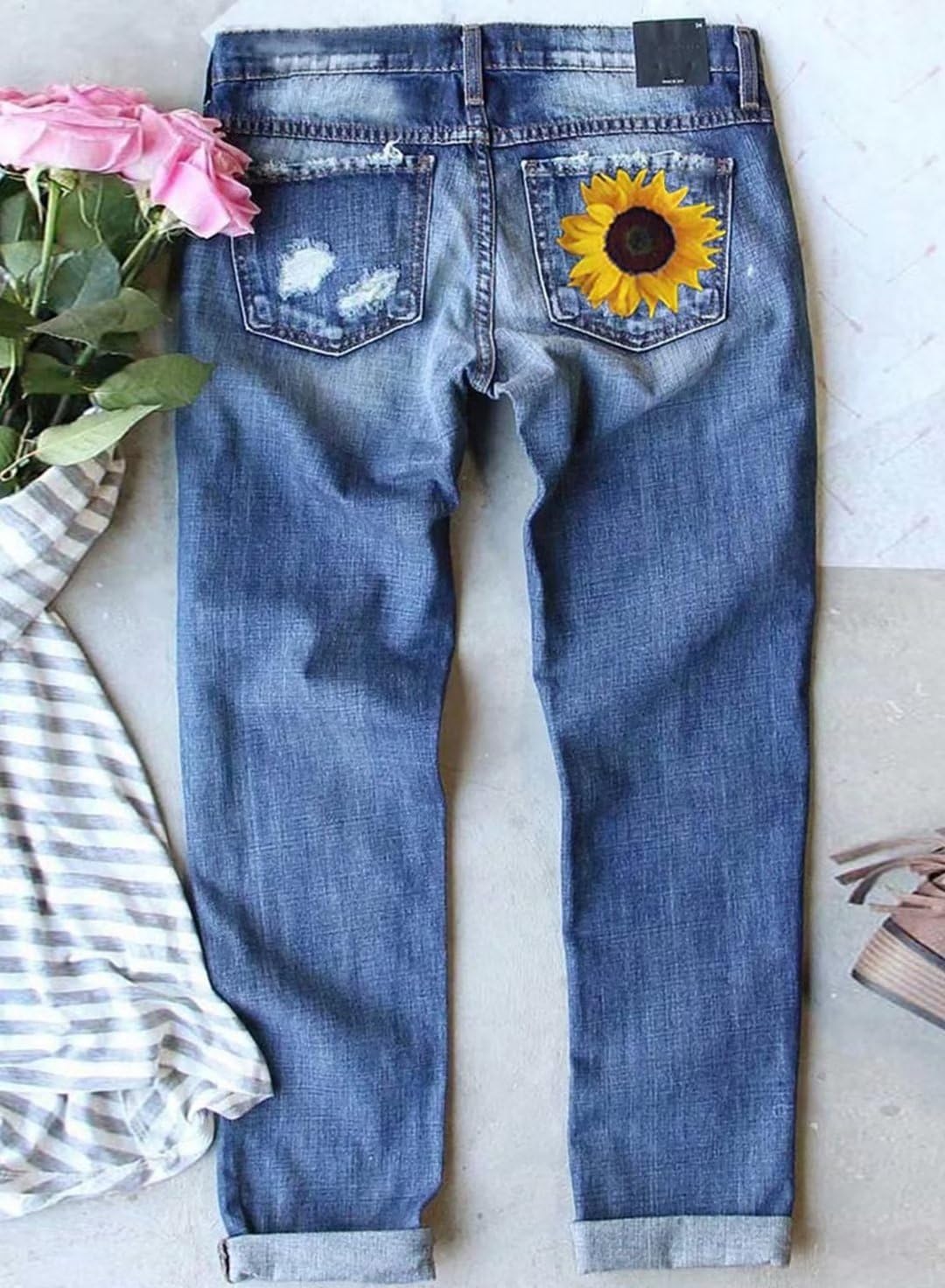 Astylish Women Stylish Destroyed Raw Hem Stretchy Mid Rise Jeans Distressed Boyfriend Ripped Hole Ankle Sunflower Denim Pants Large