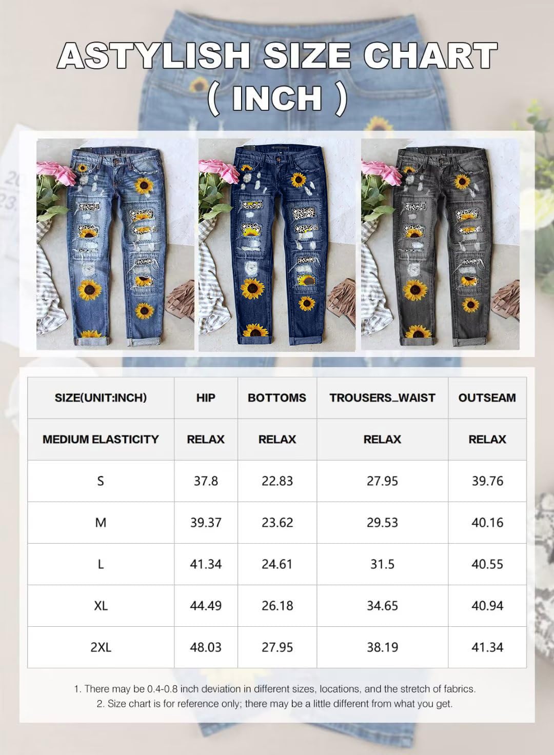 Astylish Women Stylish Destroyed Raw Hem Stretchy Mid Rise Jeans Distressed Boyfriend Ripped Hole Ankle Sunflower Denim Pants Large