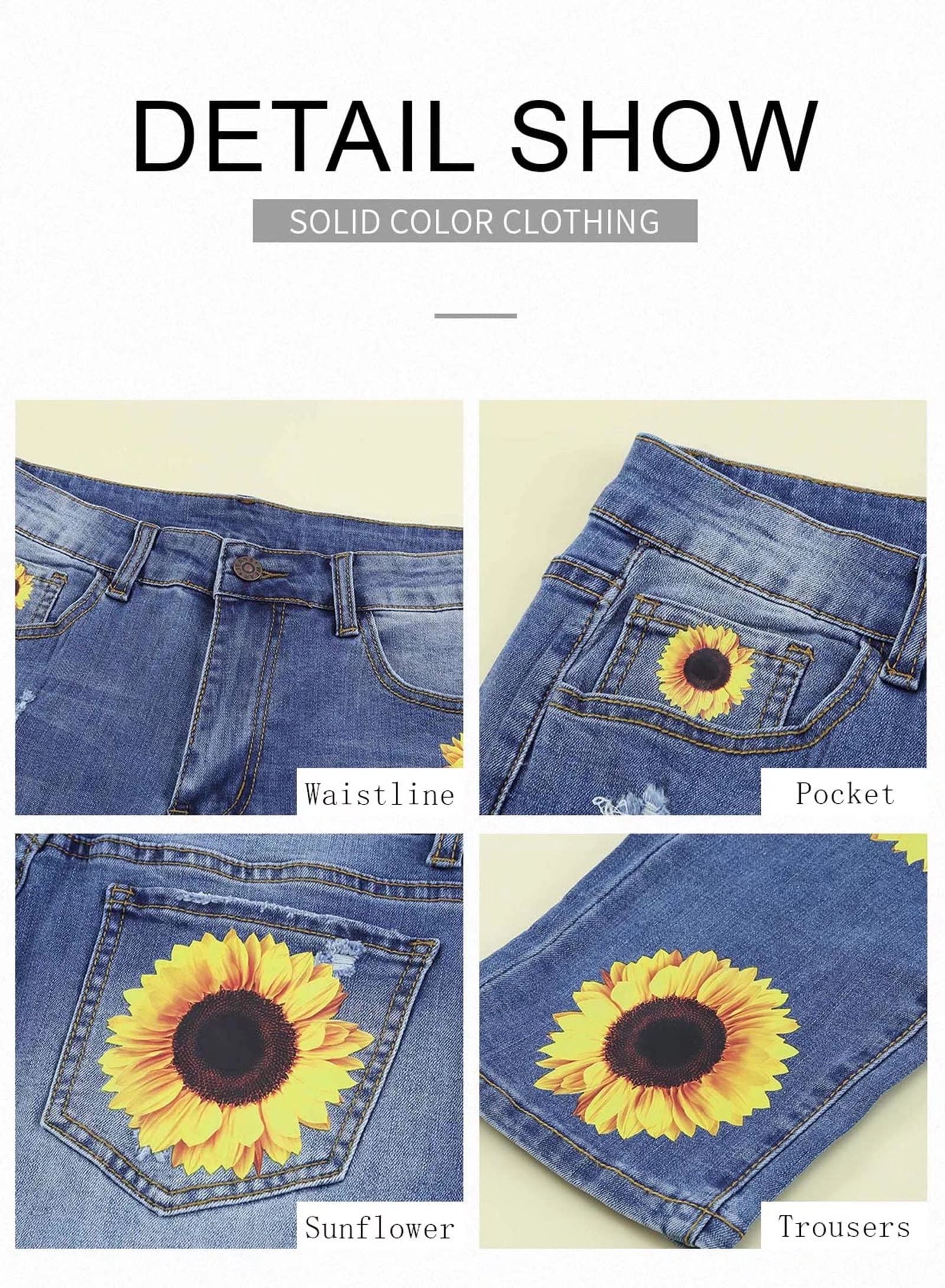 Astylish Women Stylish Destroyed Raw Hem Stretchy Mid Rise Jeans Distressed Boyfriend Ripped Hole Ankle Sunflower Denim Pants Large