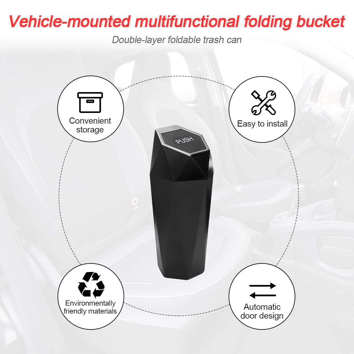 Car Trash Can with Lid, Mini Plastics Portable Auto Garbage Can, Small Leakproof Diamond Design Trash Dustbin, Waterproof Vehicle Rubbish Bins for Automotive Car, Home, Office, Kitchen (Black,1)