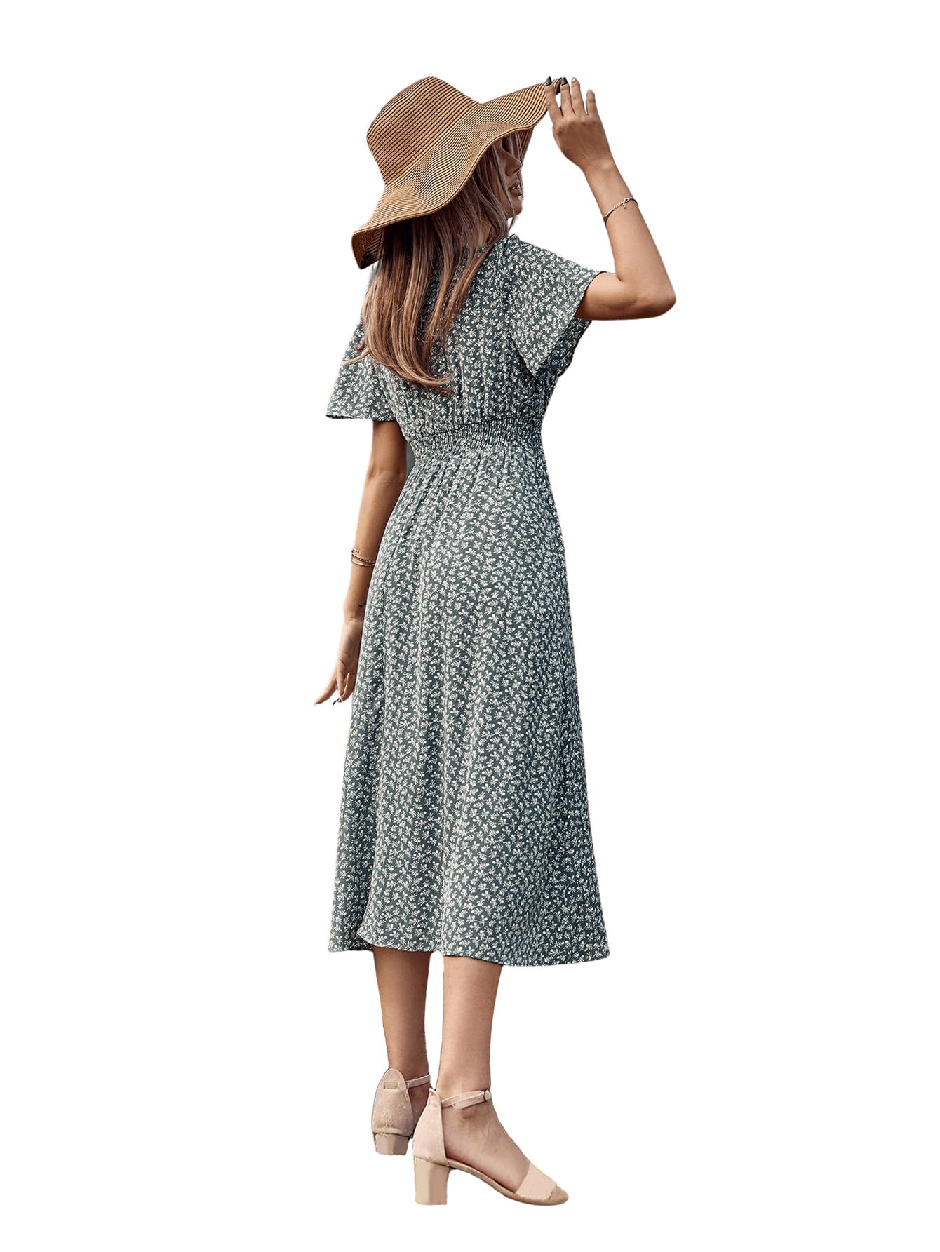 Floerns Women's Casual Floral Print Crewneck Short Sleeve A Line Boho Maxi Dress Green Multi L