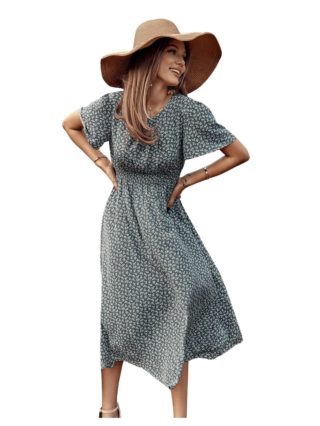 Floerns Women's Casual Floral Print Crewneck Short Sleeve A Line Boho Maxi Dress Green Multi L