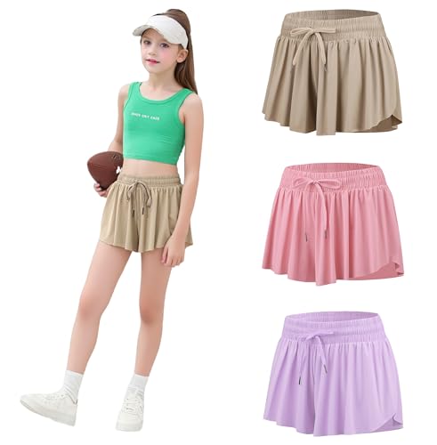 Girls 3 Pack Flowy Shorts with Spandex Liner 2 in 1 Youth Skirts for Fitness Running Sports Skort with Pockets Size 4 Set 06
