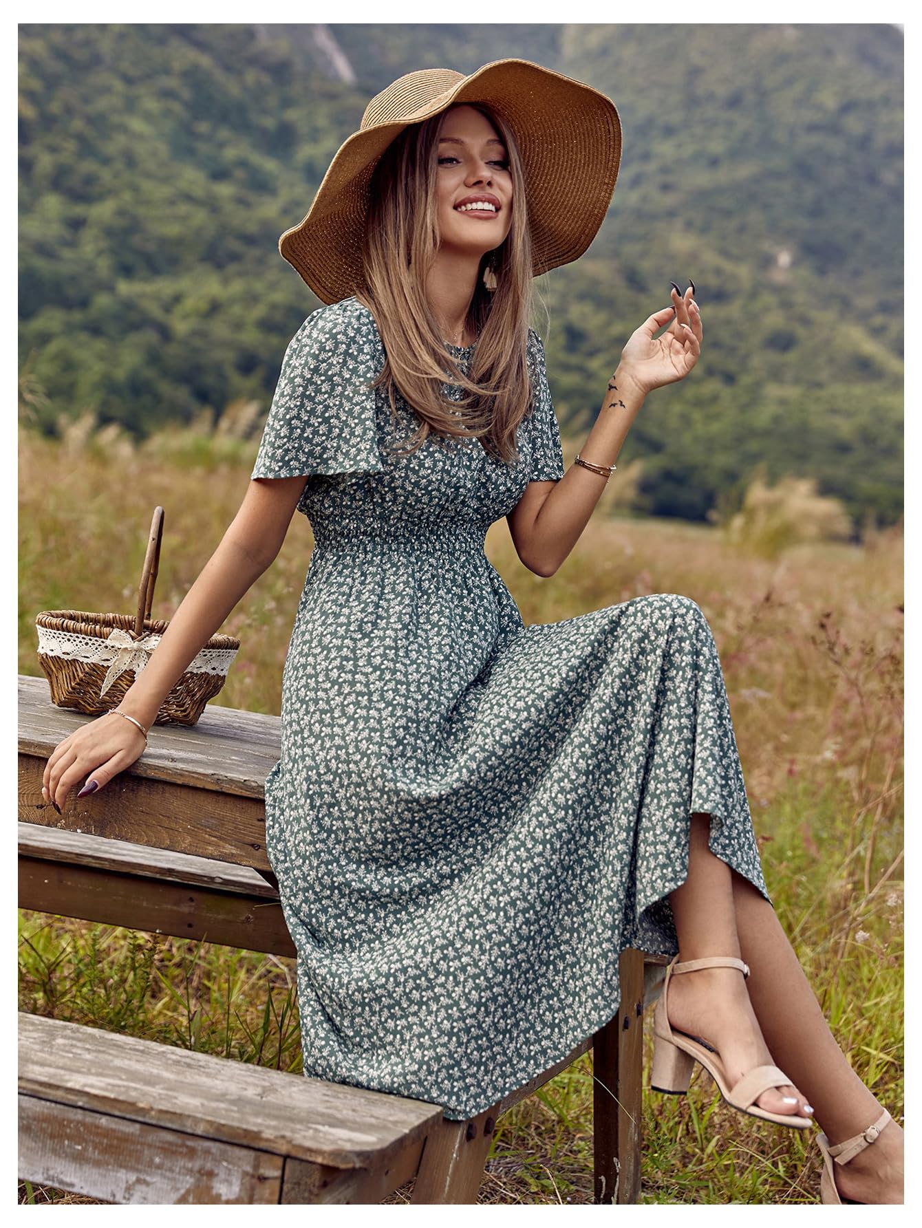 Floerns Women's Casual Floral Print Crewneck Short Sleeve A Line Boho Maxi Dress Green Multi L