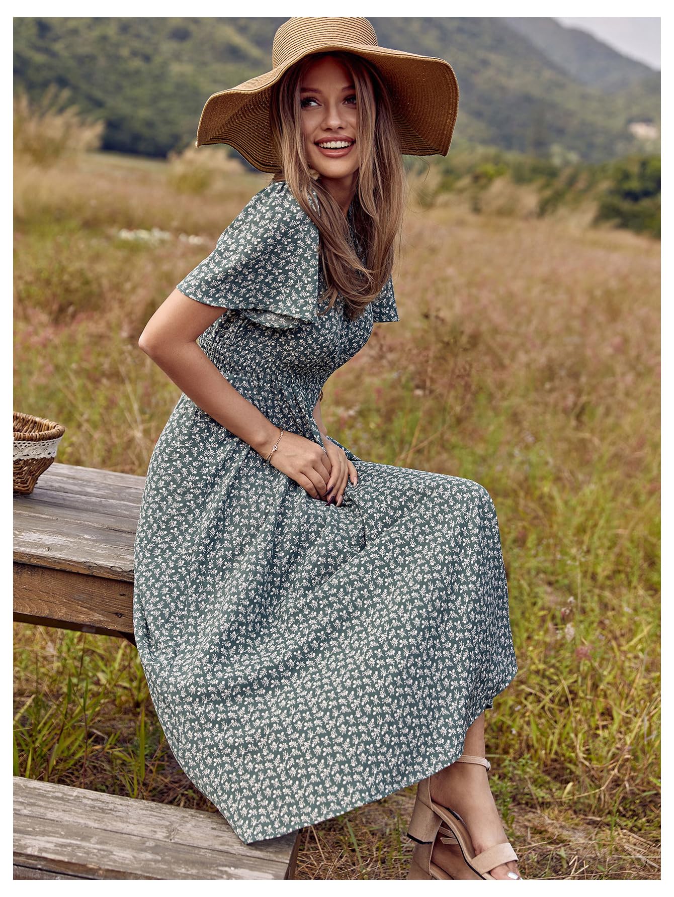 Floerns Women's Casual Floral Print Crewneck Short Sleeve A Line Boho Maxi Dress Green Multi L
