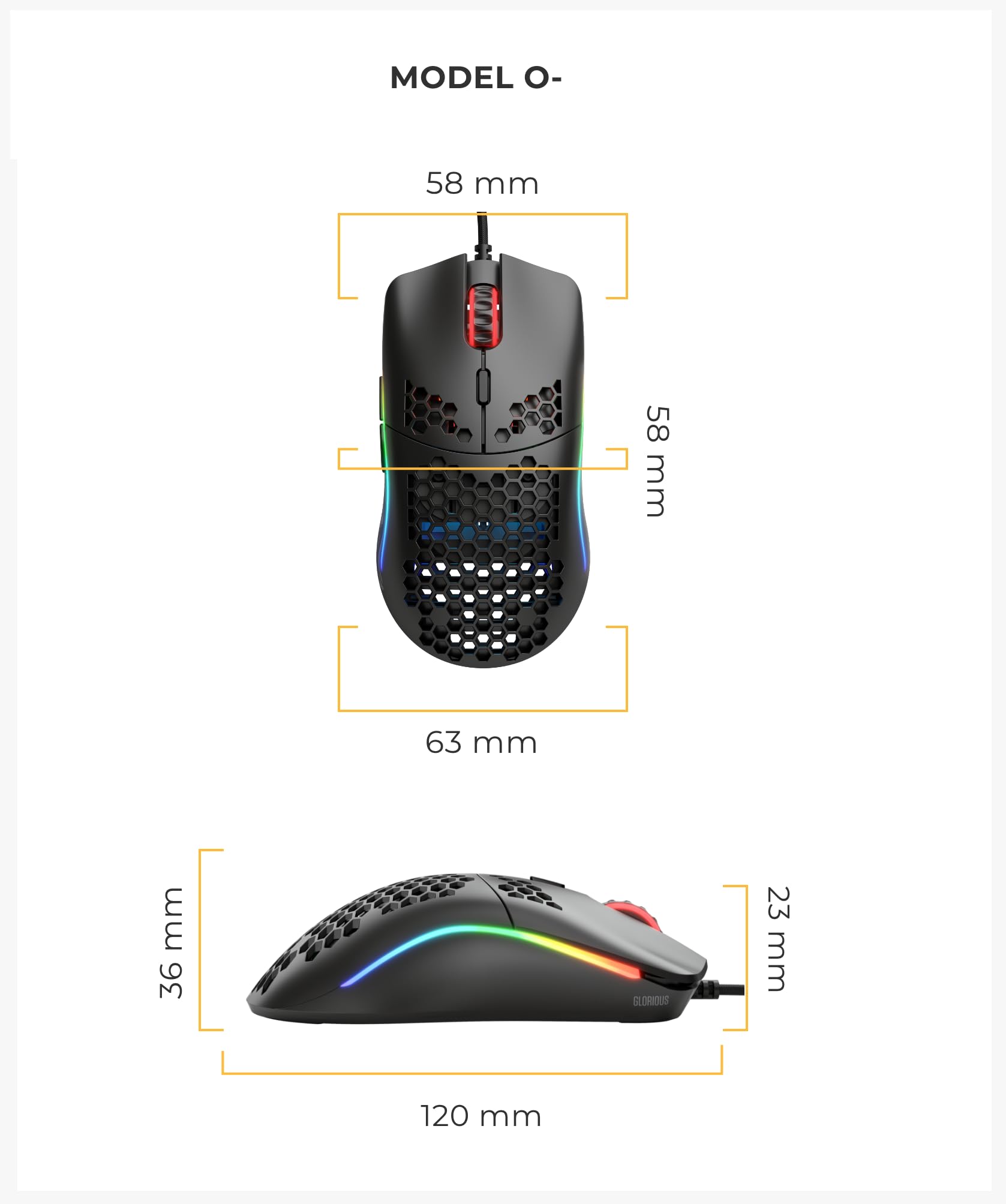 Glorious Model O- (Minus) Compact Wired Gaming Mouse - 58g Superlight Honeycomb Design, RGB, Pixart 3360 Sensor, Ambidextrous, Omron Switches - Glossy Black