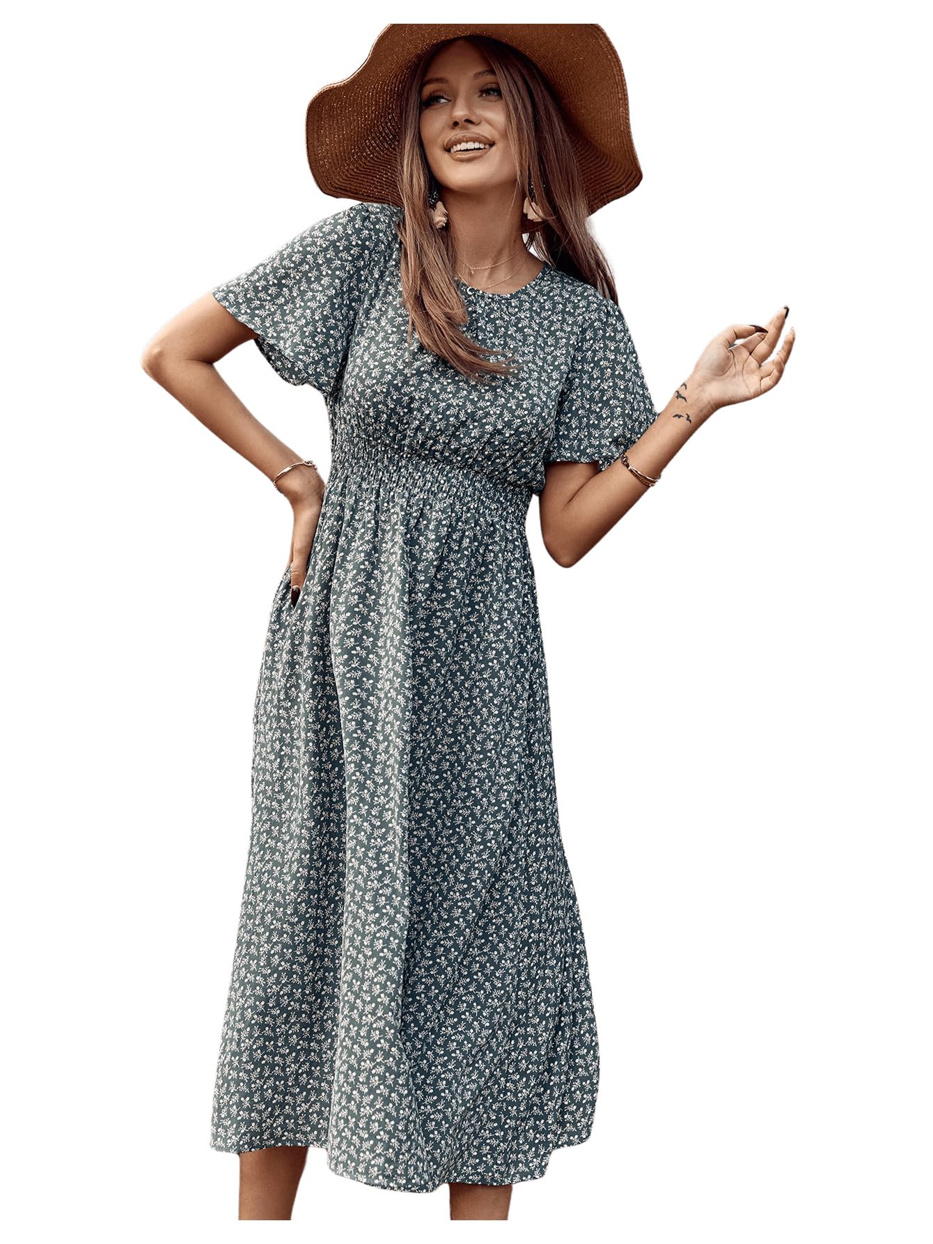 Floerns Women's Casual Floral Print Crewneck Short Sleeve A Line Boho Maxi Dress Green Multi L
