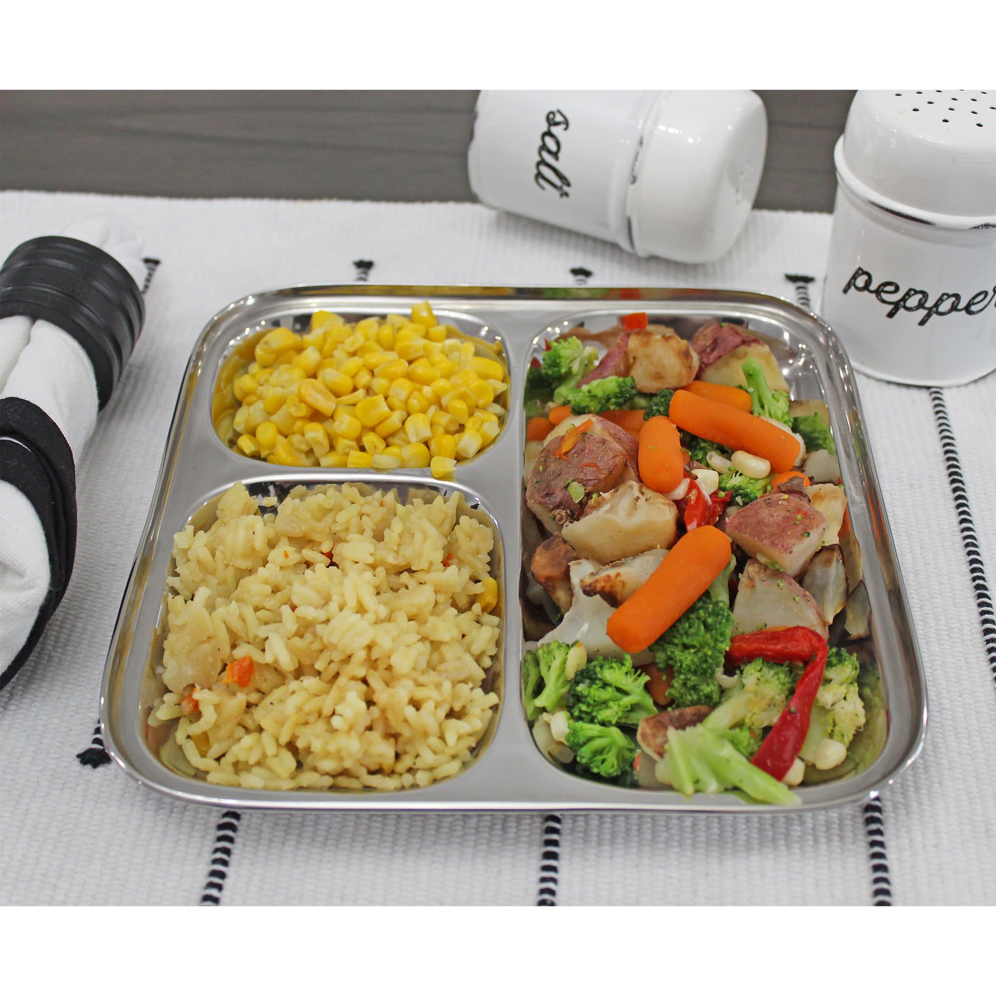 Darware Stainless Steel Divided Plates/Compartment Trays (4-Pack); 9.8 x 8.1 Inches Oblong 3-Section Mini Trays, Great Size for Kids, Portion Control, Camping