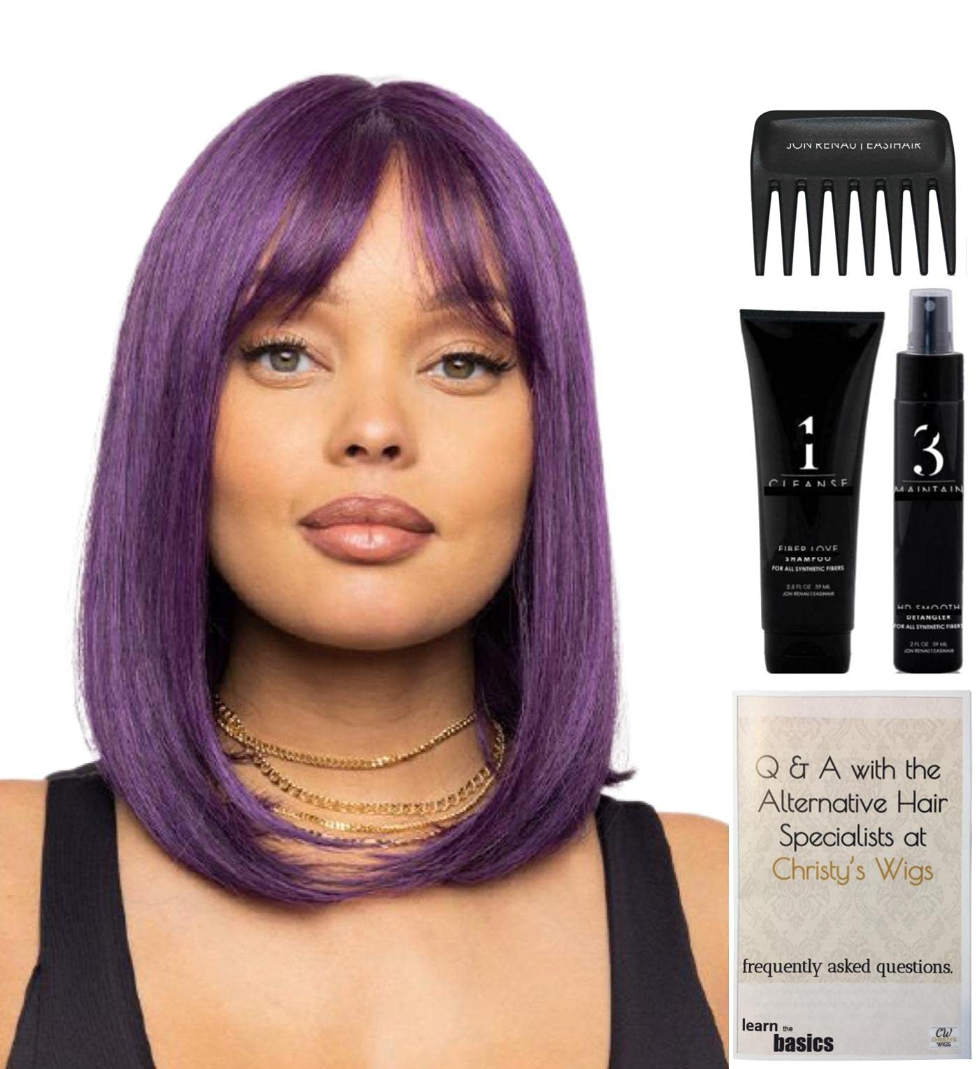 Bundle - 5 Items: Mod Sleek by Rene Paris, Christy's Wigs Q & A Booklet, 2oz Travel Size Wig Shampoo, HD Smooth and Wide Tooth Comb - Color: Polar Sky