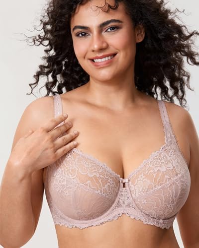 DELIMIRA Women's Plus Size Minimizer Bras Full Coverage Lace Unlined Underwire Bra B-K Cups Rose Smoked 40K
