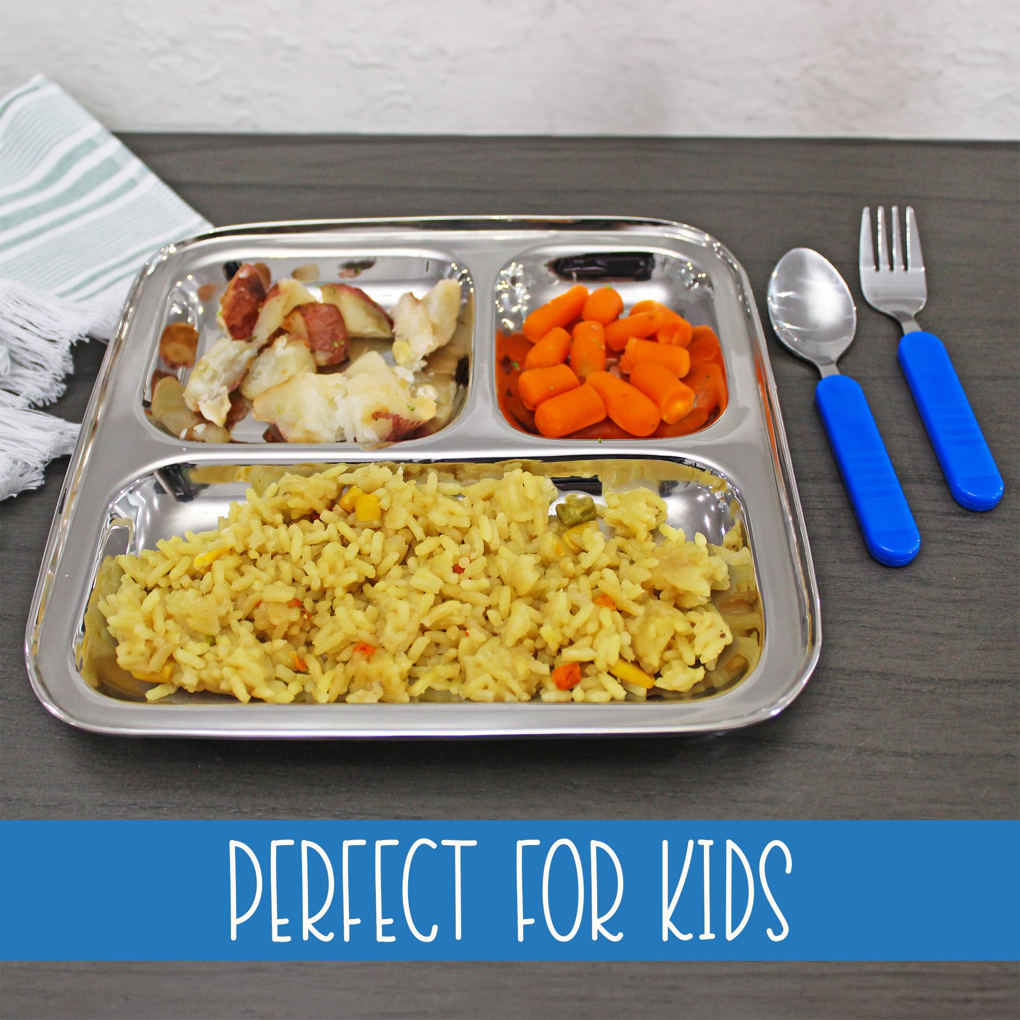 Darware Stainless Steel Divided Plates/Compartment Trays (4-Pack); 9.8 x 8.1 Inches Oblong 3-Section Mini Trays, Great Size for Kids, Portion Control, Camping