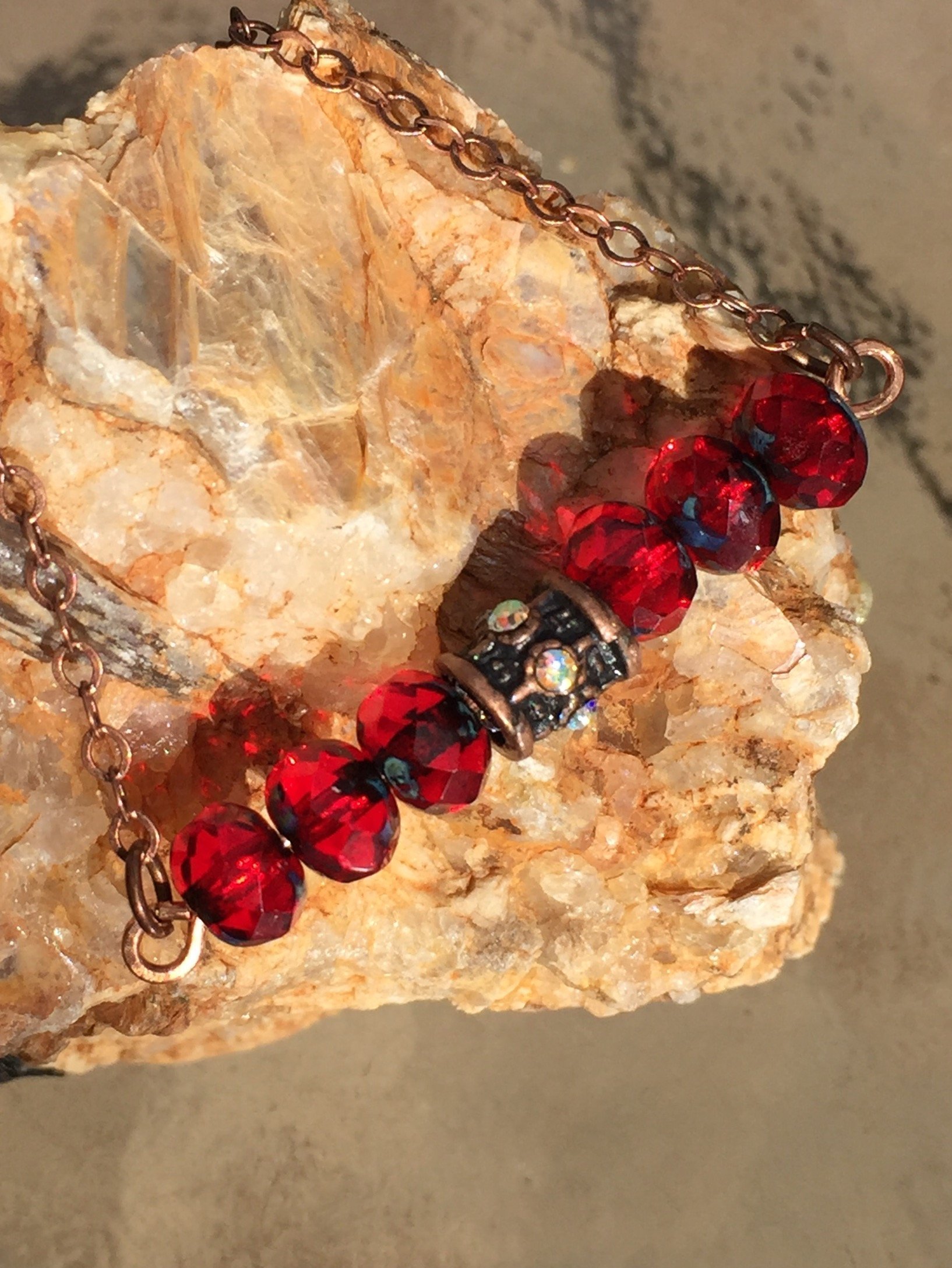 Ruby Red Bar Necklace, Red Crystal Bar Necklace, Minimalist Beaded Bar, Boho Necklace, Layering Necklace, Red Picasso Czech Glass Necklace