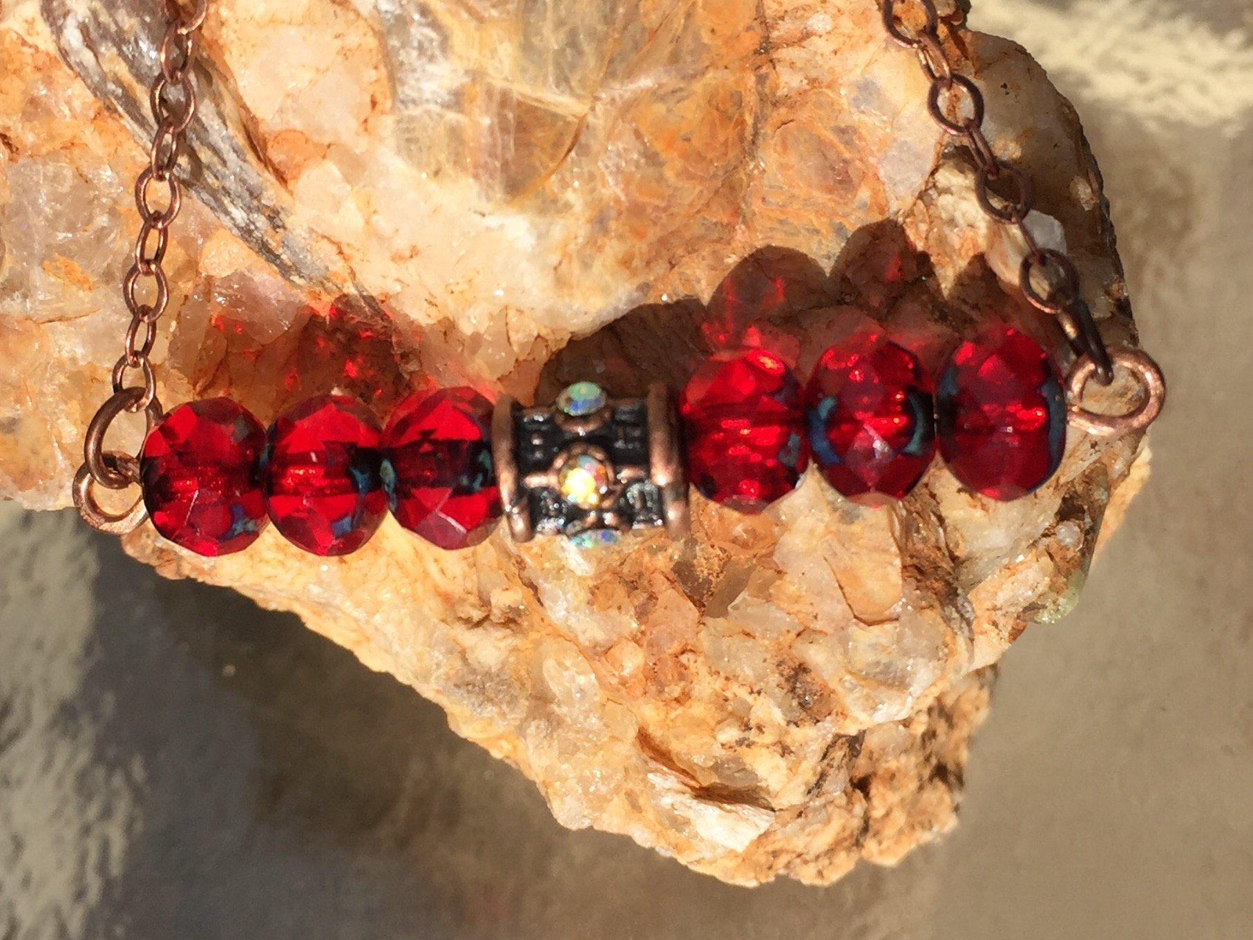 Ruby Red Bar Necklace, Red Crystal Bar Necklace, Minimalist Beaded Bar, Boho Necklace, Layering Necklace, Red Picasso Czech Glass Necklace