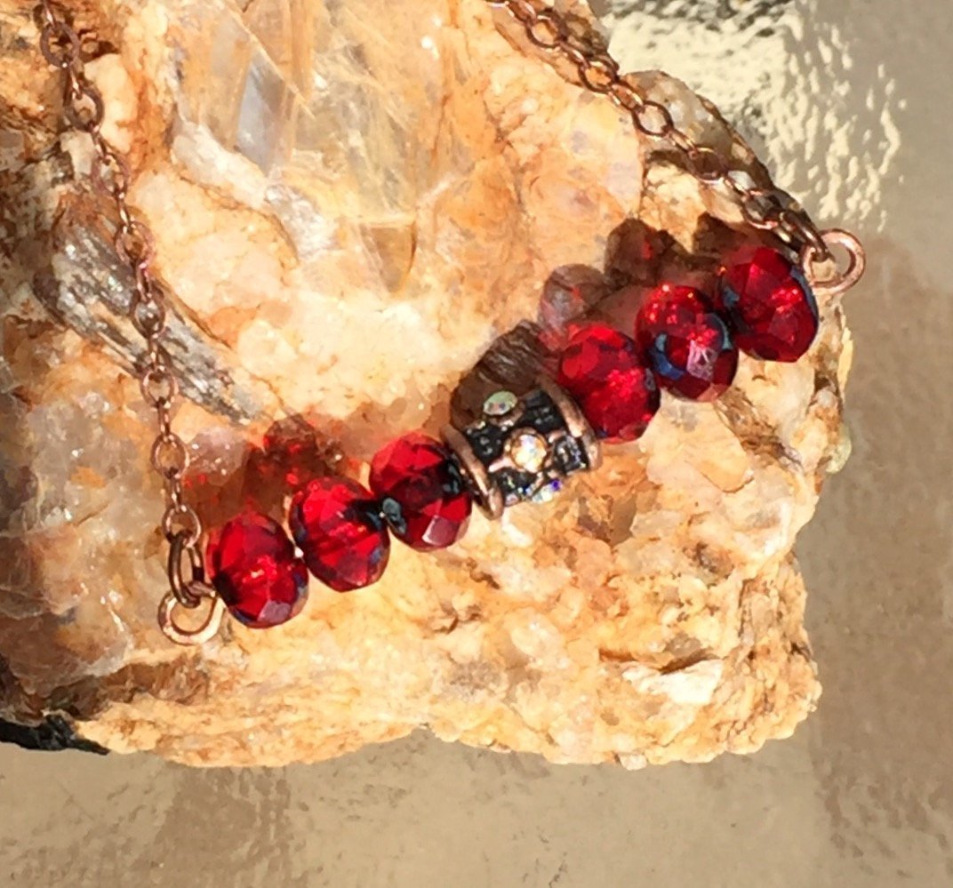 Ruby Red Bar Necklace, Red Crystal Bar Necklace, Minimalist Beaded Bar, Boho Necklace, Layering Necklace, Red Picasso Czech Glass Necklace