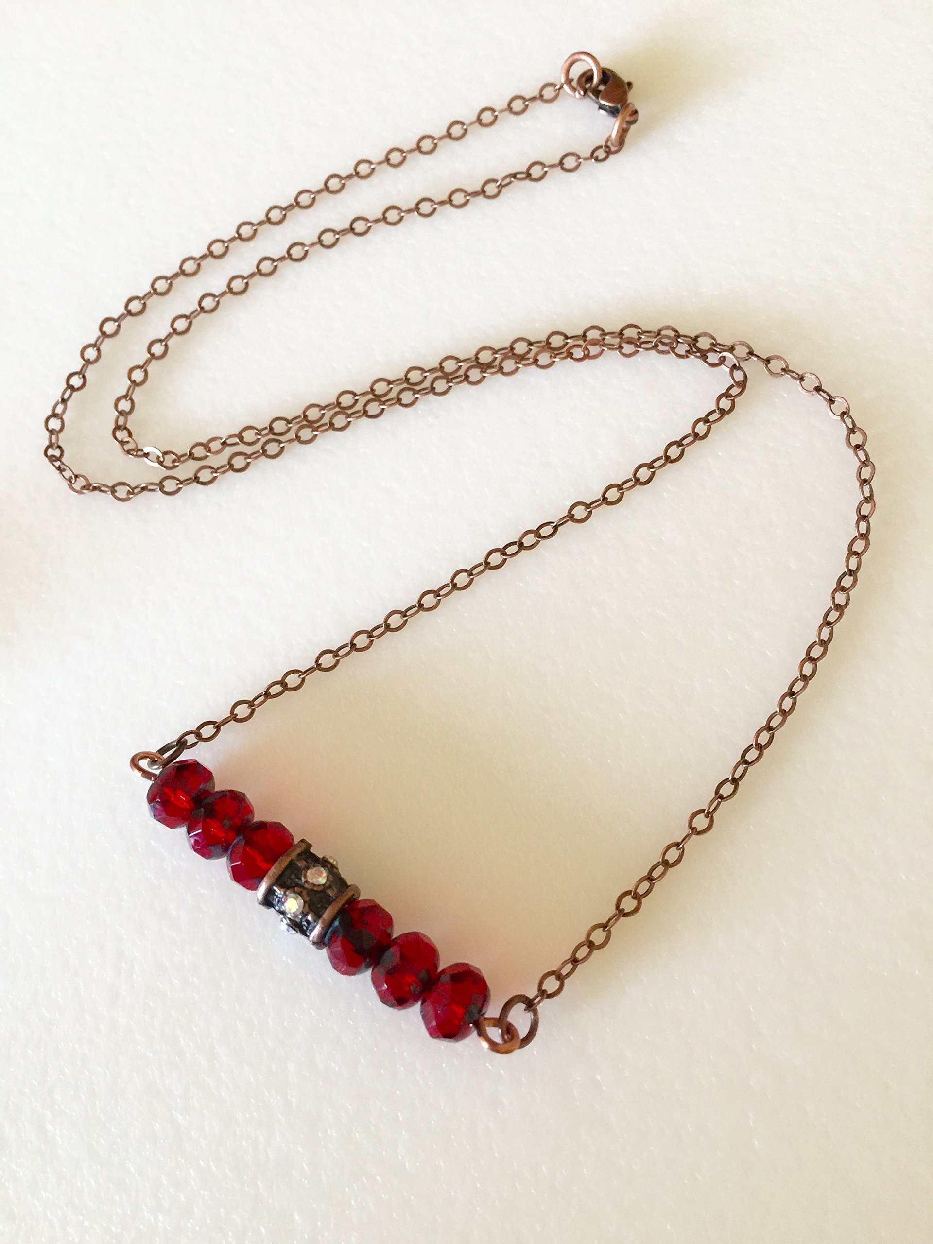 Ruby Red Bar Necklace, Red Crystal Bar Necklace, Minimalist Beaded Bar, Boho Necklace, Layering Necklace, Red Picasso Czech Glass Necklace