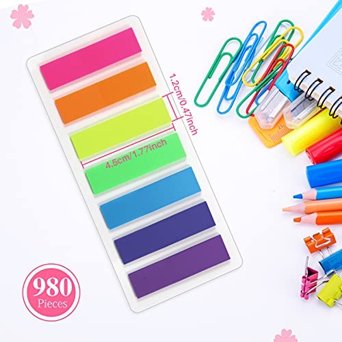 moinkerin 980 Pcs Sticky Notes Flags, 7 Color Index Tabs Index Flag Bright Colors Page Index Stickers Translucent Page Makers for Page Bookmarks