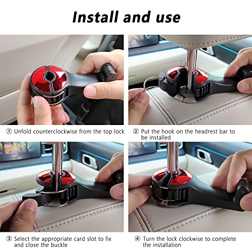 Junecarp 2 Pack Car Seat Headrest Hooks,Multifunction Car Phone Holder Hook Hangers Storage Organizer,Backseat Hooks Suitable for Purse Coats Umbrellas Grocery Bags Handbag Phone (Red)