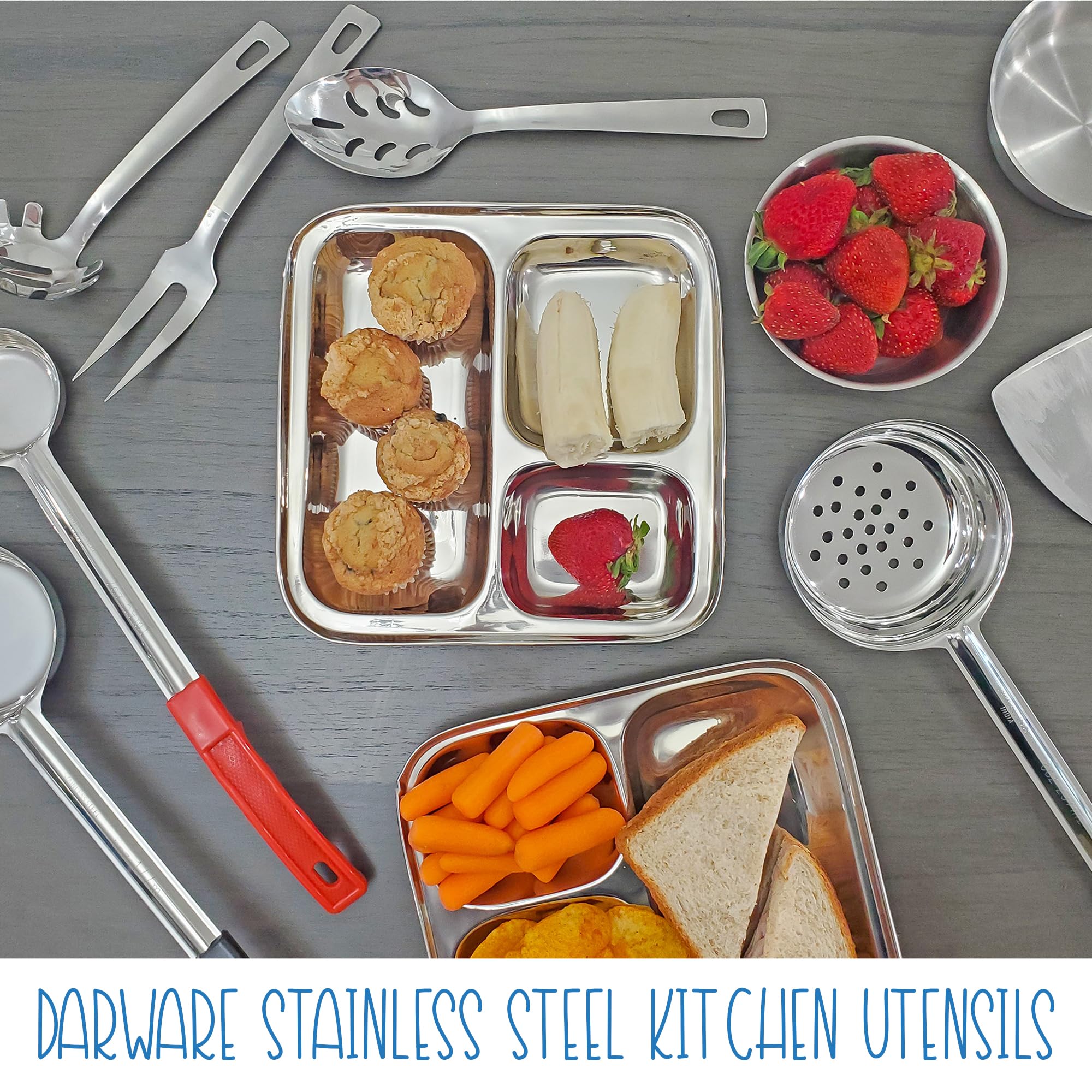 Darware Stainless Steel Divided Plates/Compartment Trays (4-Pack); 9.8 x 8.1 Inches Oblong 3-Section Mini Trays, Great Size for Kids, Portion Control, Camping