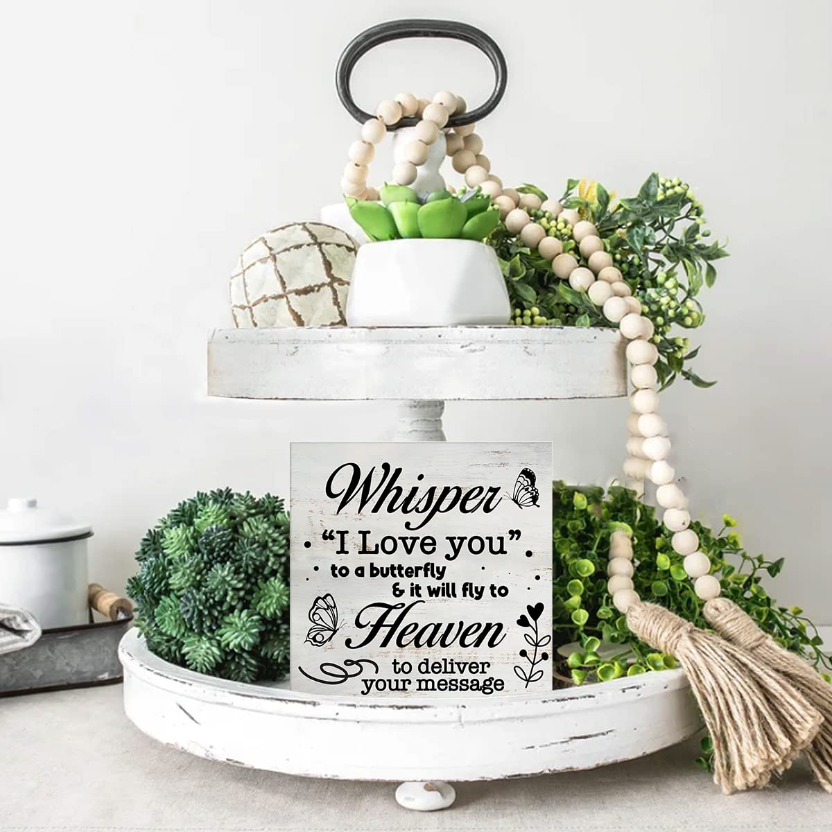 Rustic Sympathy Wood Box Sign Whisper I Love you to a butterfly Wooden Box Sign Home Desk Shelf Decor Remembrance Gift (5 X 5 Inch)