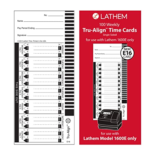 Lathem TruAlign E16 Time Cards for 1600E, Weekly, 1-Sided, 4" x 9", White, Box of 100