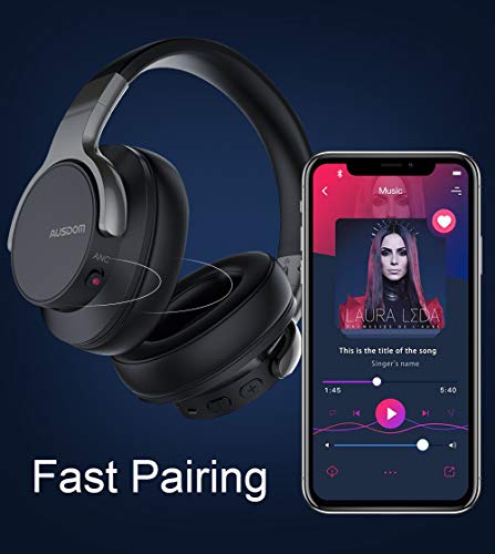 Active Noise Cancelling Bluetooth Headphones, Ausdom ANC8 Over Ear Wireless Headphones Wired Headsets with Microphone, 30H Playtime Comfortable for Travel Work TV PC Computer Cellphone Music β Black
