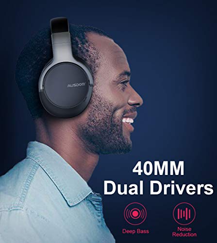 Active Noise Cancelling Bluetooth Headphones, Ausdom ANC8 Over Ear Wireless Headphones Wired Headsets with Microphone, 30H Playtime Comfortable for Travel Work TV PC Computer Cellphone Music β Black