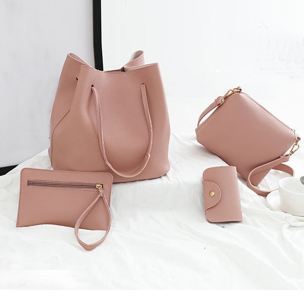 MORECON 2020 Women Shoulder Messenger Bag Purse Set 4 Pcs Leather Zipper Handbag Solid Shoulder Messenger Bag Purse Set (Pink)