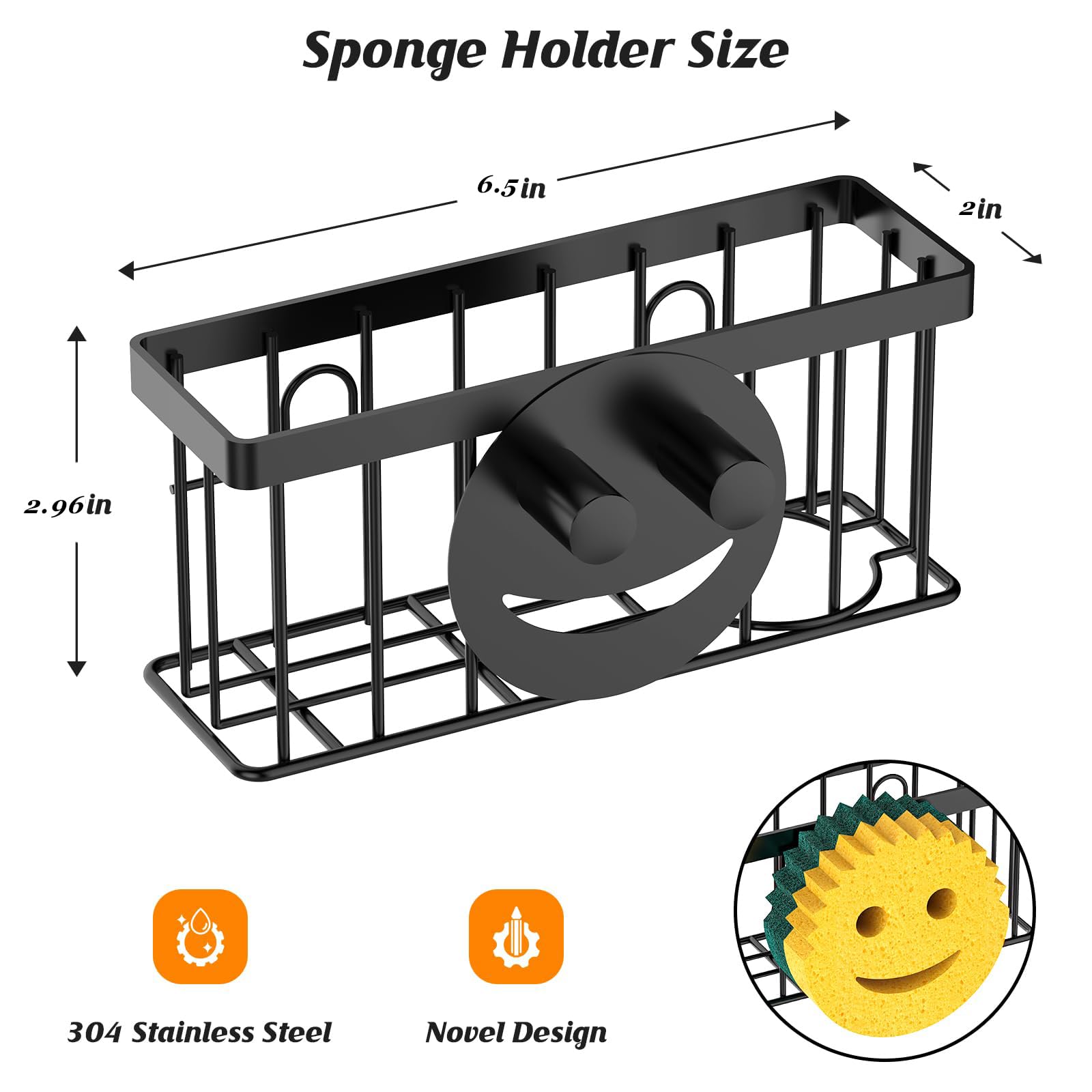 MURLONG Sink Caddy, Kitchen Sink Organizer, Sponge Soap Holder for Countertop, 304 Stainless Steel Dish Scrubber Holder with Removable Drain Pan for Sponge, Scrubber, Soap, Dish Brush-Black