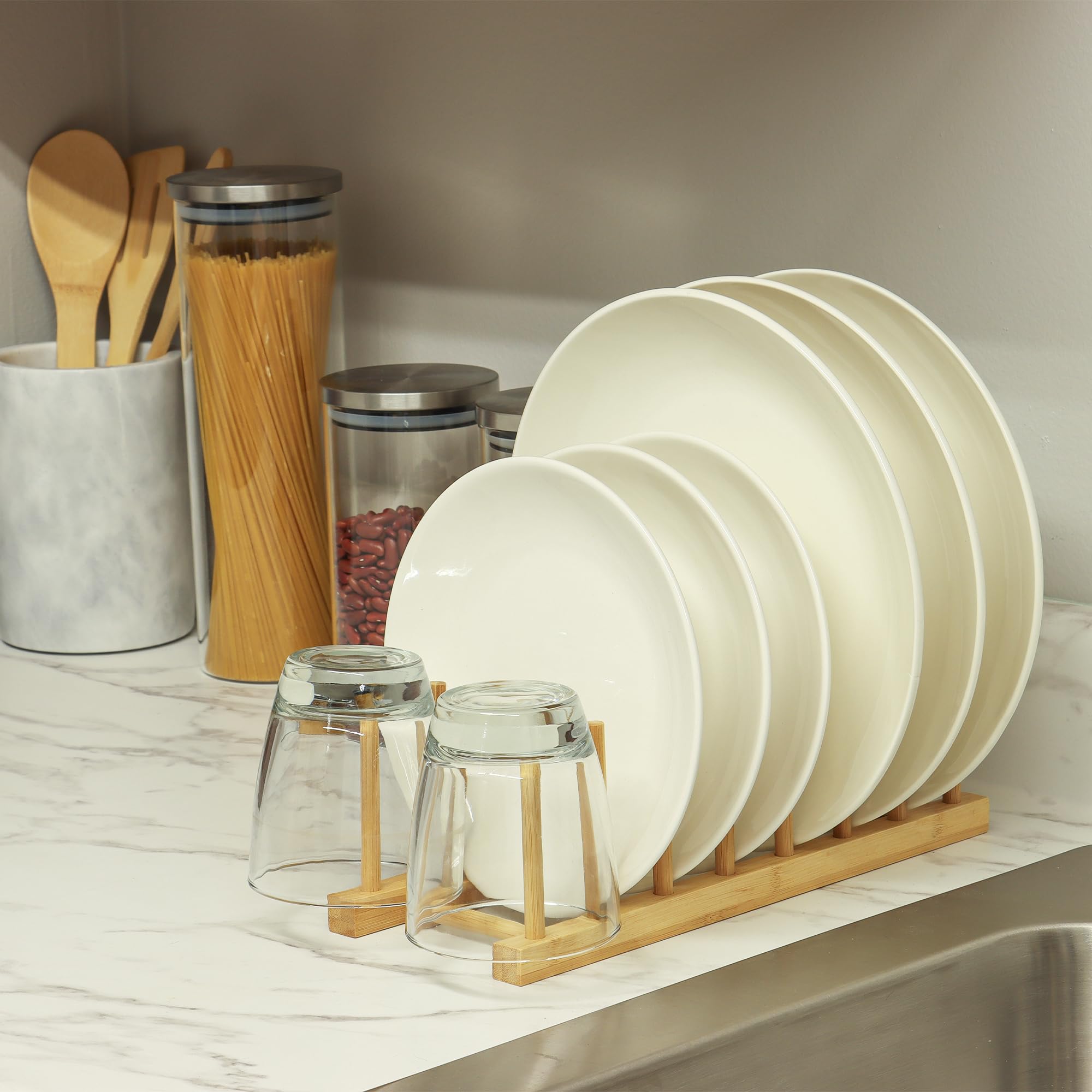 Joey’z Bamboo Dish Drying Rack - Dish Organizer Rack for Cabinet, Plates, Cups, Bowls, Pot Lids & Cutting Boards - Dish Storage and Pot Lid Organizer & Holder - Kitchen Storage Organizer
