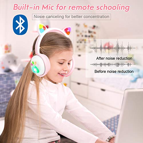 Kids Headphones, Wireless Cat Ear LED Light Up Bluetooth Headphones for Girls w/Microphone, Over On Ear Headset for School/Kindle/Tablet/PC Online Study Birthday Xmas Gift (Pink&White)