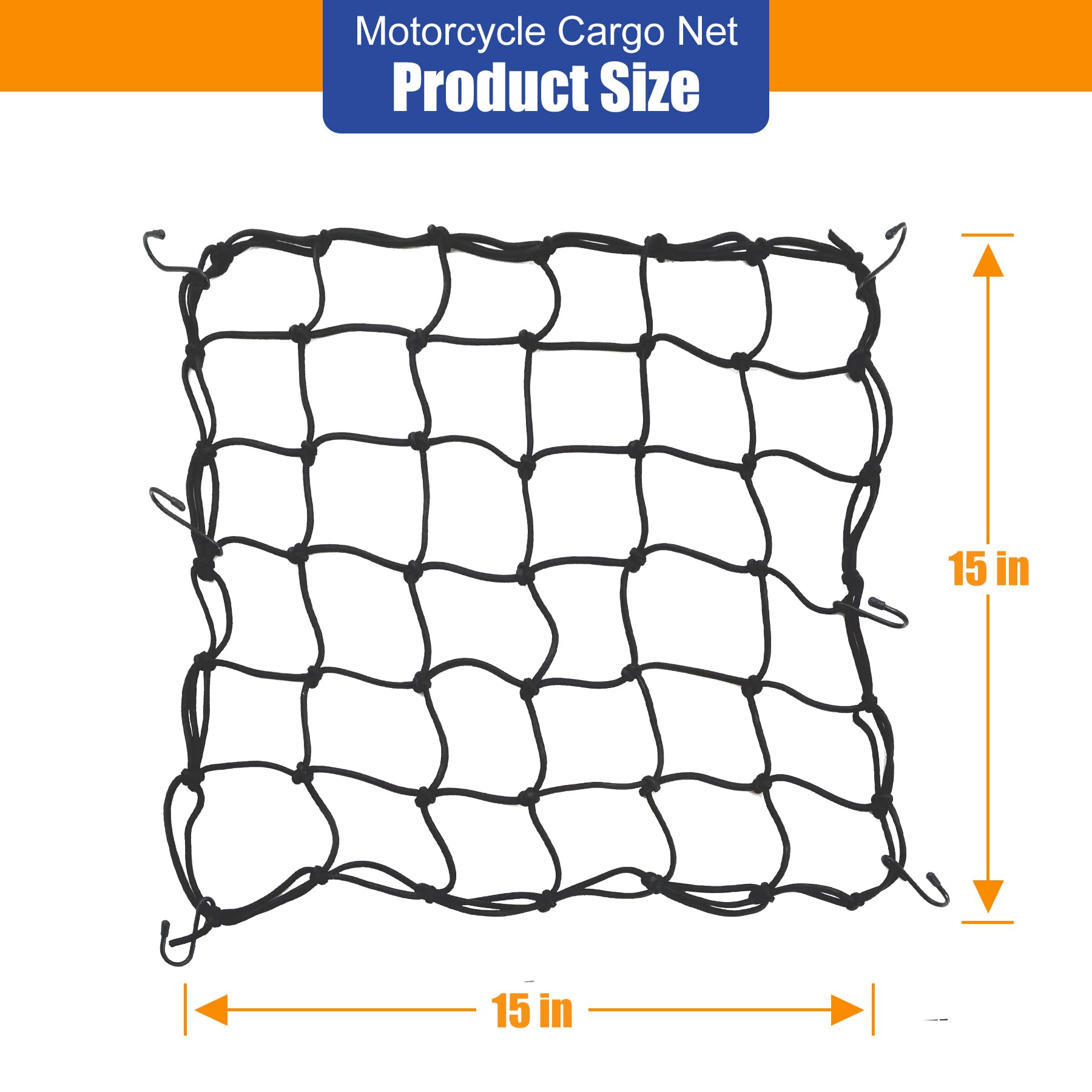 Amiss 15"x15" Elastic Motorcycle Cargo Net, Heavy Duty Bungee Net with 6 Adjustable Plastic Hooks, Luggage Thicken Netting with 2"x2" Small Mesh, Fit for Trailer, SUV, Motorcycle, ATV, Bike - Black