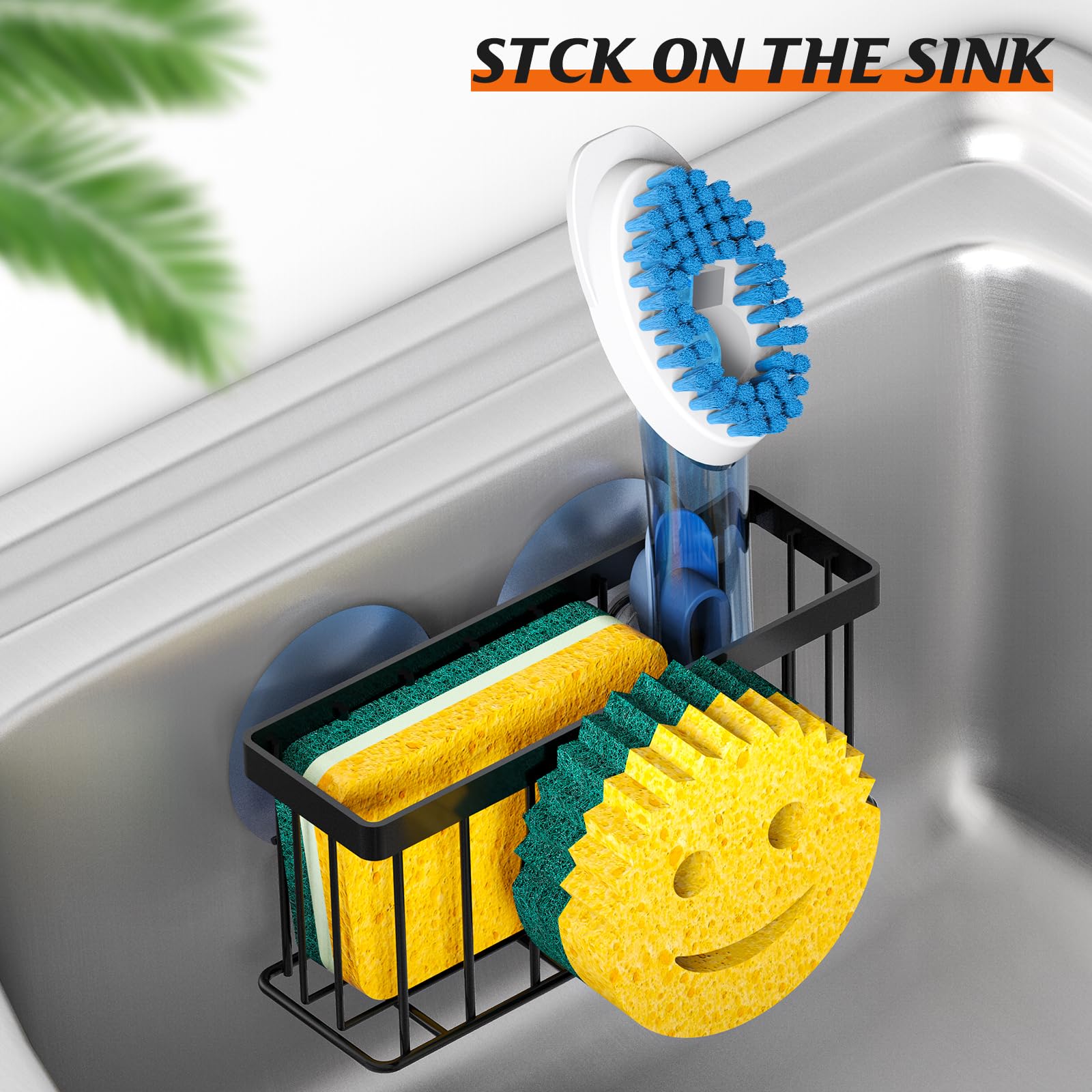 MURLONG Sink Caddy, Kitchen Sink Organizer, Sponge Soap Holder for Countertop, 304 Stainless Steel Dish Scrubber Holder with Removable Drain Pan for Sponge, Scrubber, Soap, Dish Brush-Black